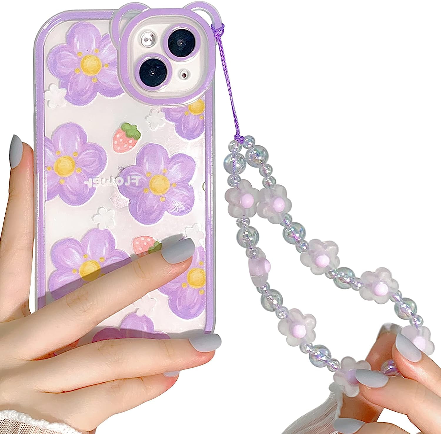 Compatible for iPhone 14 Plus Case Clear Cute Flower Floral with Chain ...