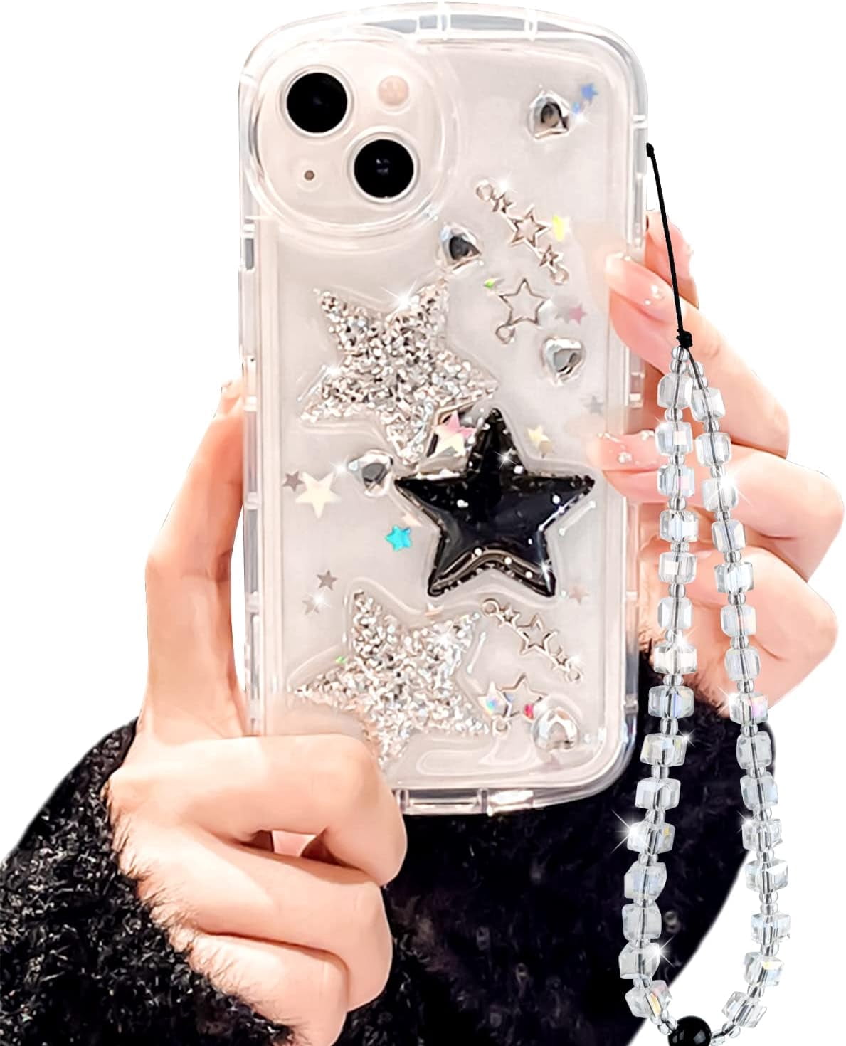 Compatible for iPhone 14 Plus Cute Glitter 3D Stars Crystal Heart Clear ...