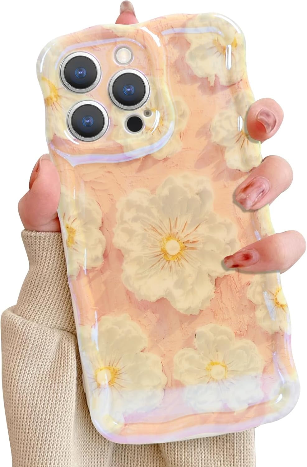 Compatible with iPhone 14 Pro Max Case Vintage Oil Painting Art Phone Case Curly Wave Frame ...