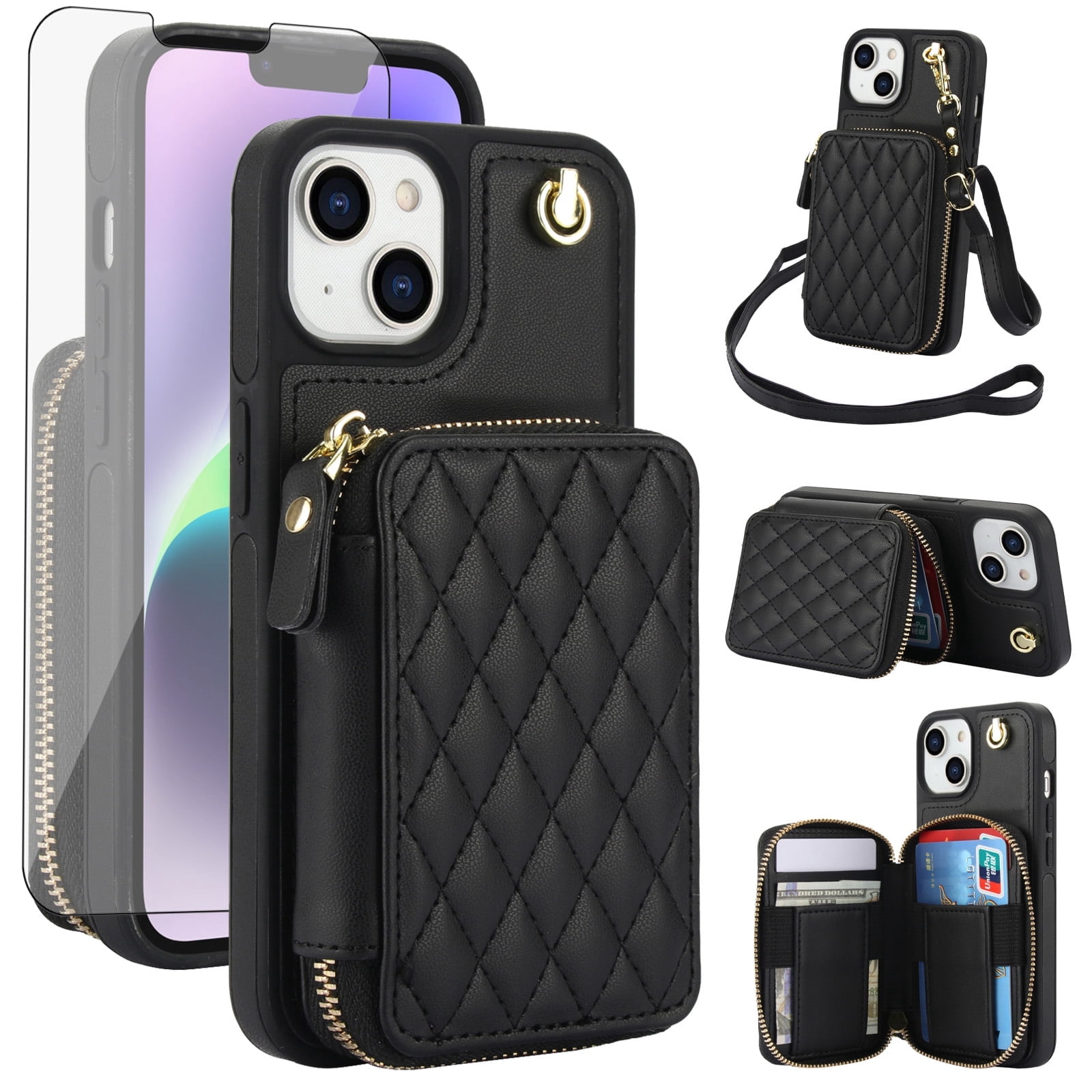 Compatible with iPhone 15 6.1 inch Wallet Phone Case Tempered Glass ...