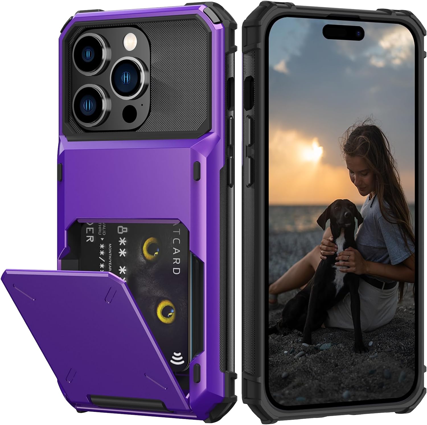 Compatible with iPhone 15 Pro Case with Card Holder[Store 5 Cards] Dual ...