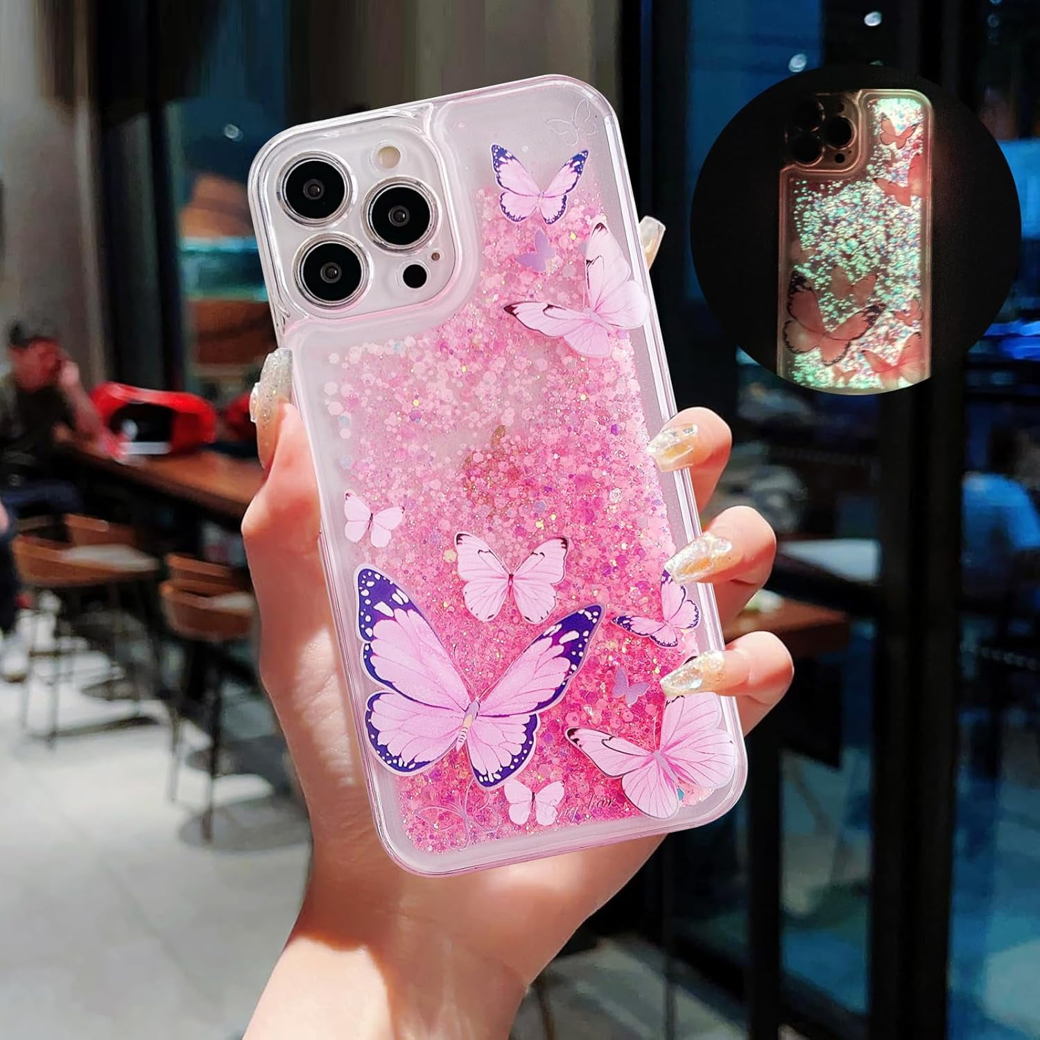 Compatible with iPhone 15 Pro Glitter Butterfly Case Glow in The Dark ...