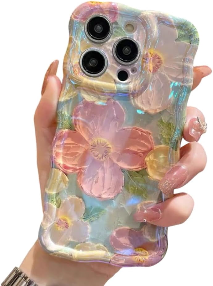 Compatible with iPhone Case,Cute Luxury Laser Flower Floral Wavy Curly ...