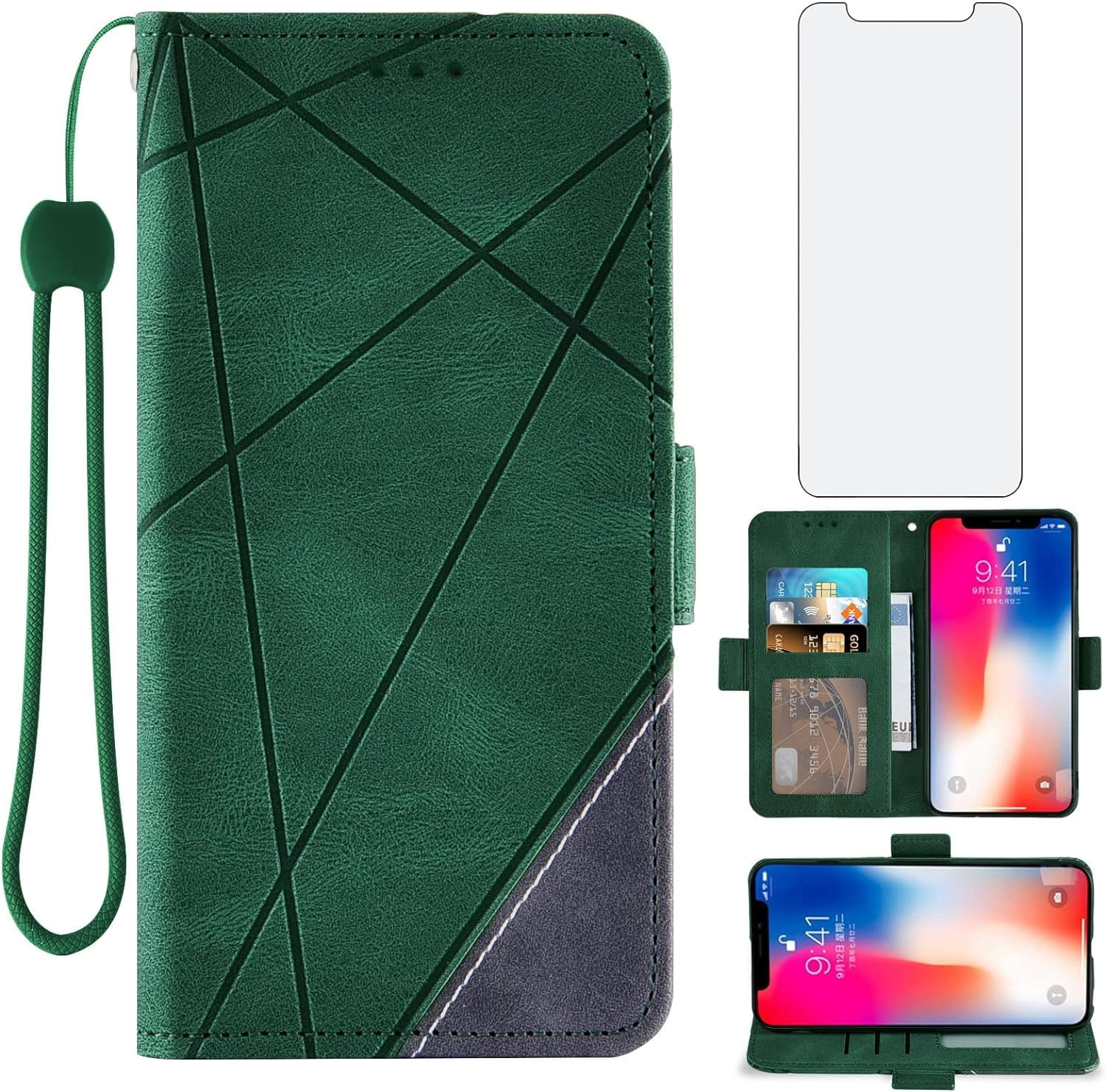 Compatible with iPhone Xs X 10 10s Wallet Case and Tempered Glass ...