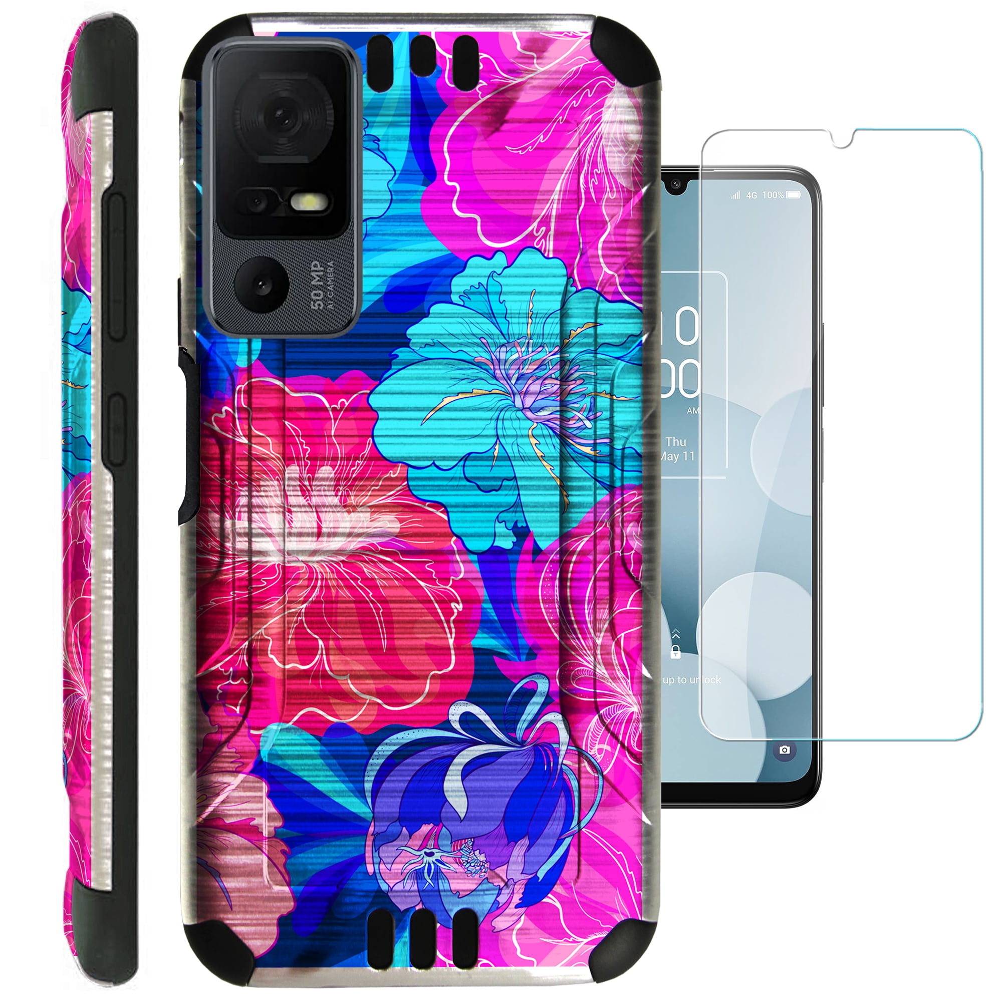 Compatible with TCL 40 XL; Brushed Metal Texture Hybrid Silver Guard ...