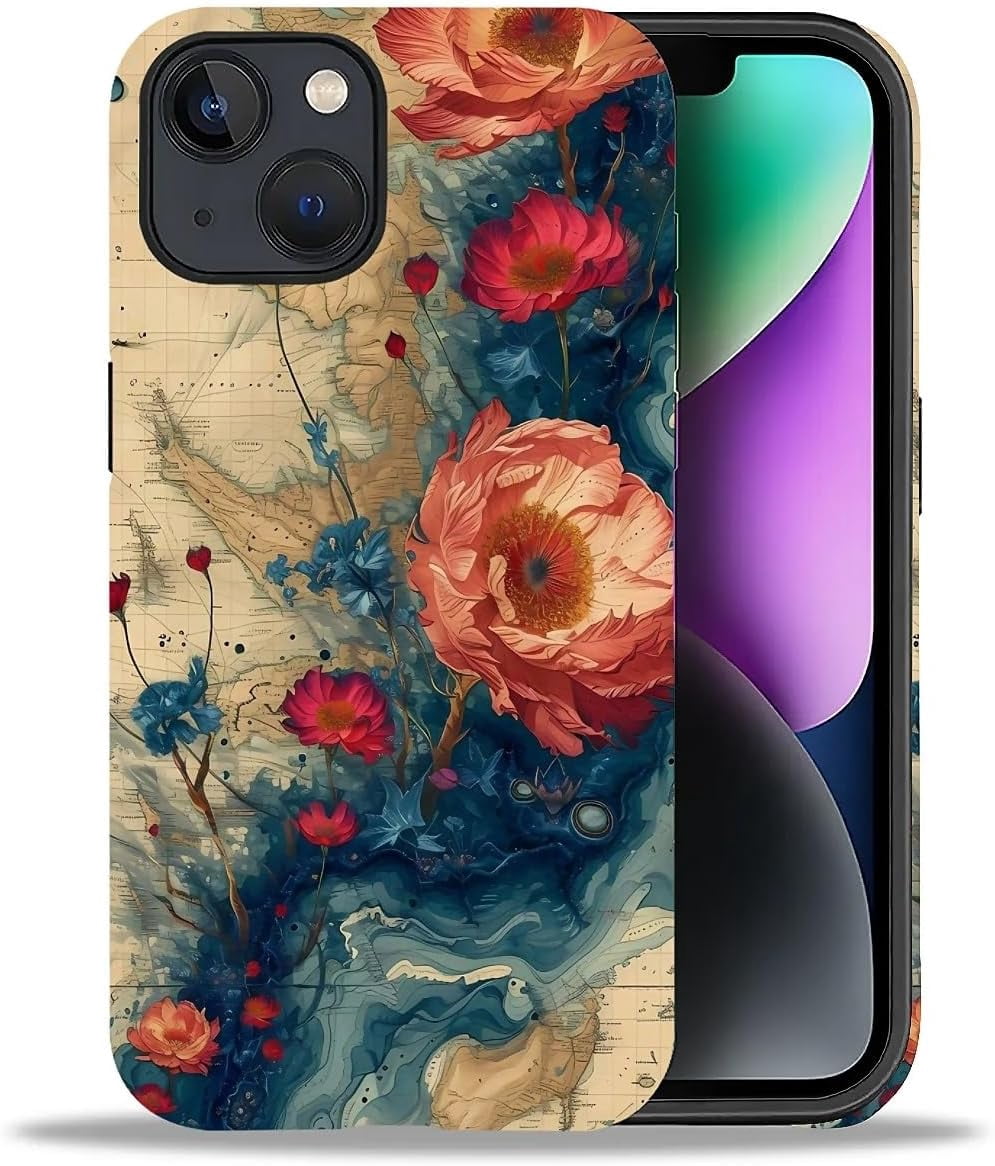 Compatible with iPhone 14 Plus Case, World Map Flower 2 in 1 Heavy Duty ...