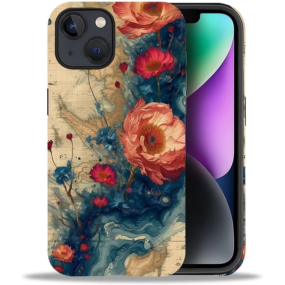 Compatible with iPhone 14 Plus Case, World Map Flower 2 in 1 Heavy Duty ...