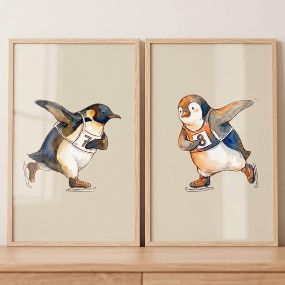 Competitive Winter Racing Penguin Wall Art Set of 2 Watercolor Nursery ...