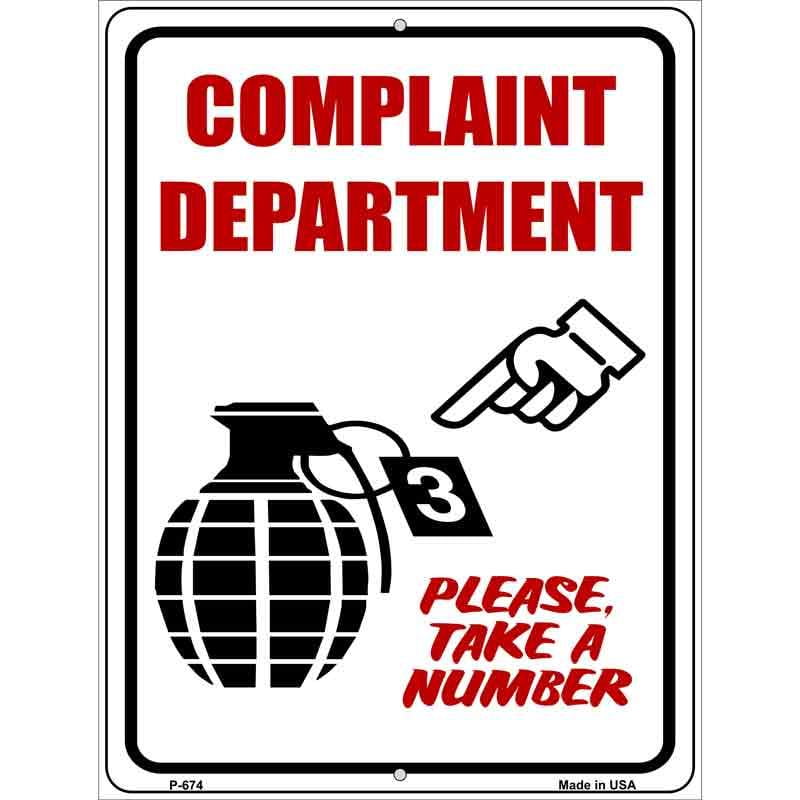 Complaint Department Metal Novelty Parking Sign 9" x 12" Sign (P ...