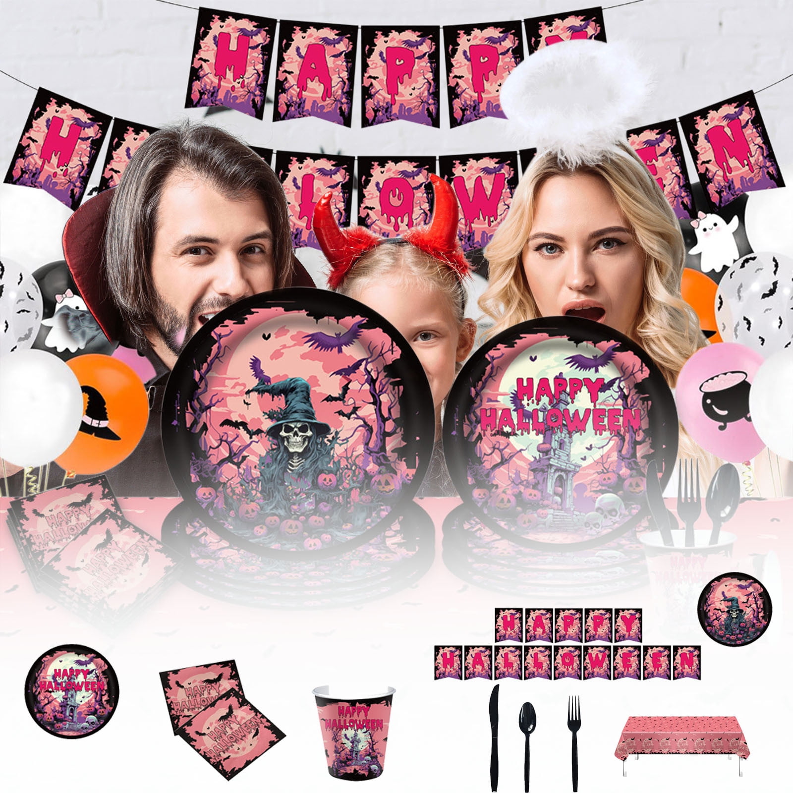 Complete 16-Person Halloween Dinnerware Set - Disposable Skeleton ...