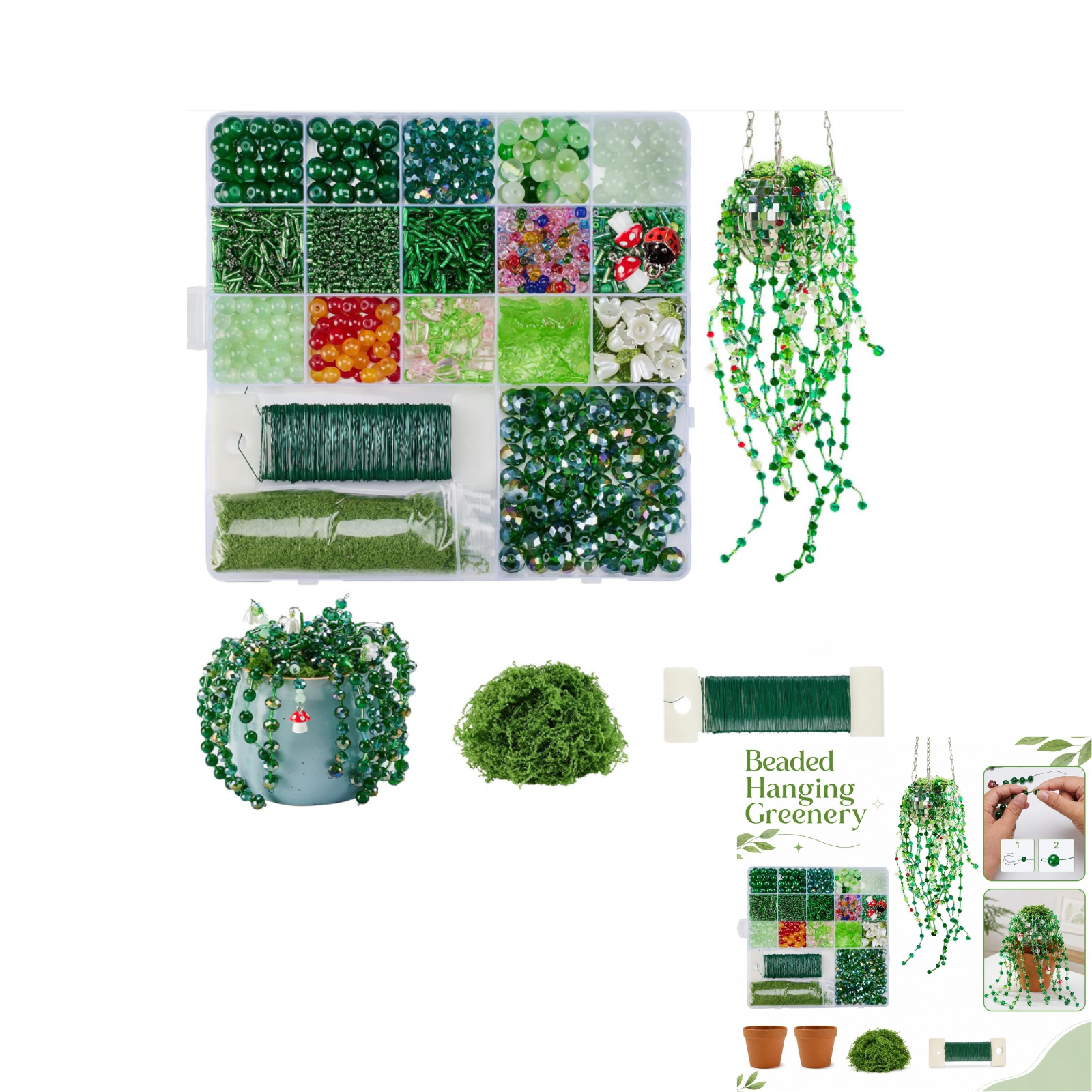 Complete 1pc Green Glass Bead Plant Making Kit with 2 Pots, DIY ...