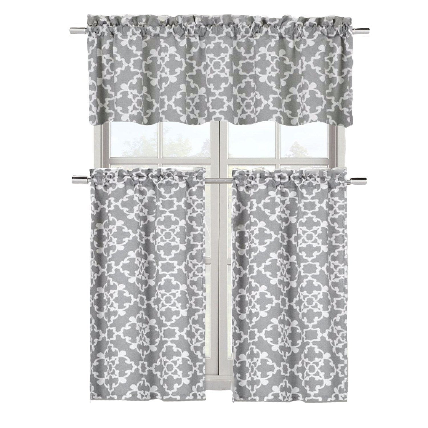 Complete 3 Pc. Shabby Lattice Tier & Valance Kitchen Curtain Set - Gray ...