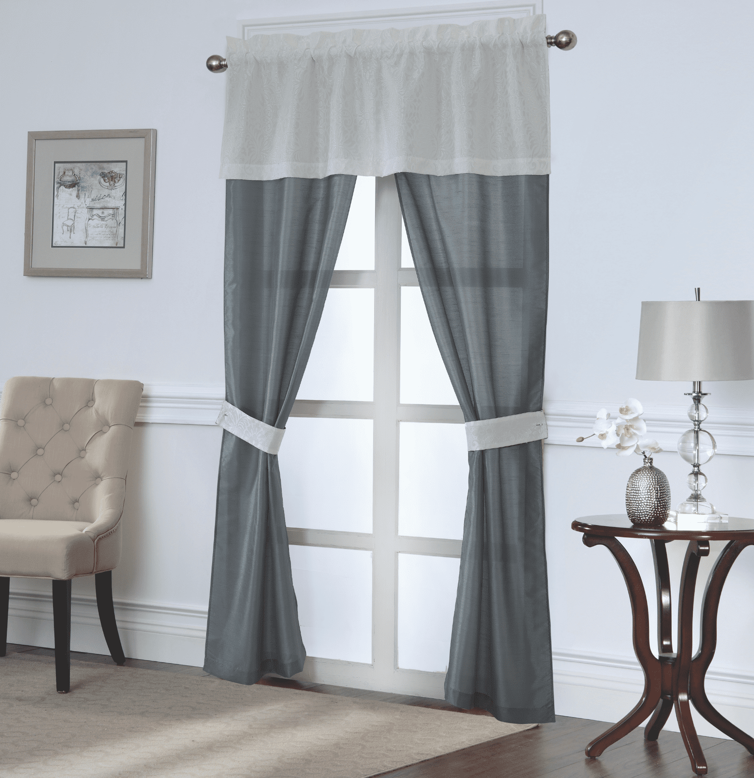 Complete 5 Pc Damask Semi Sheer Window in a Bag Curtain Set - White ...
