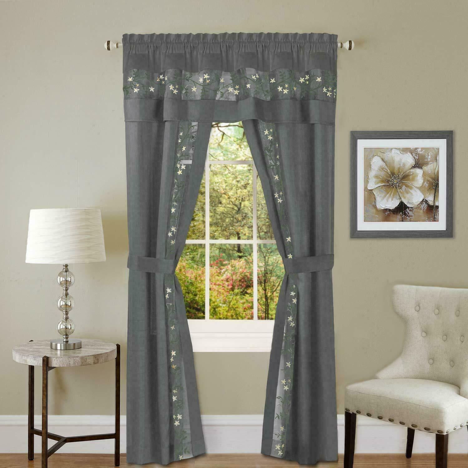 Kate Aurora 5 Pc Embroidered Floral Sheer Curtain & Valance Set, Gray ...