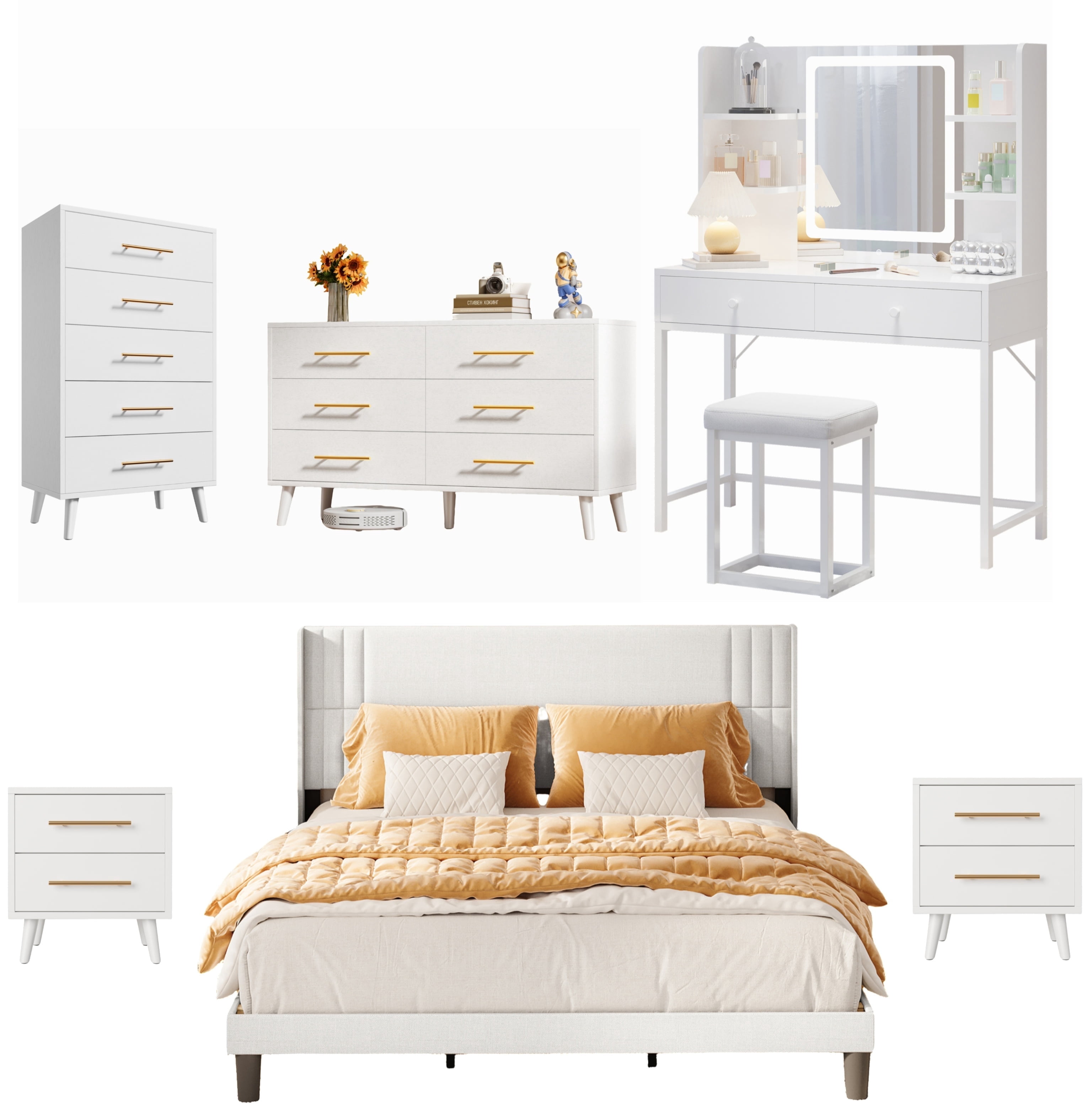 Complete 6-Piece White Bedroom Set with Bed Frame, Vanity, 2 ...