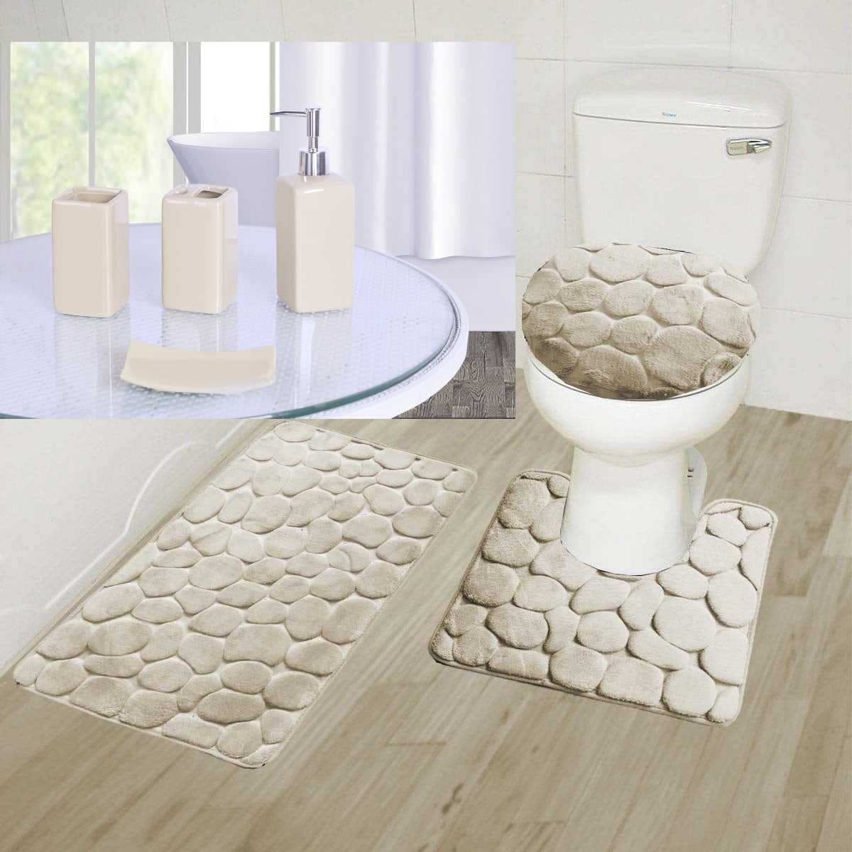 Complete Bathroom Set 7PC Rock Taupe Super Soft Memory Foam 1 Bath Mat ...
