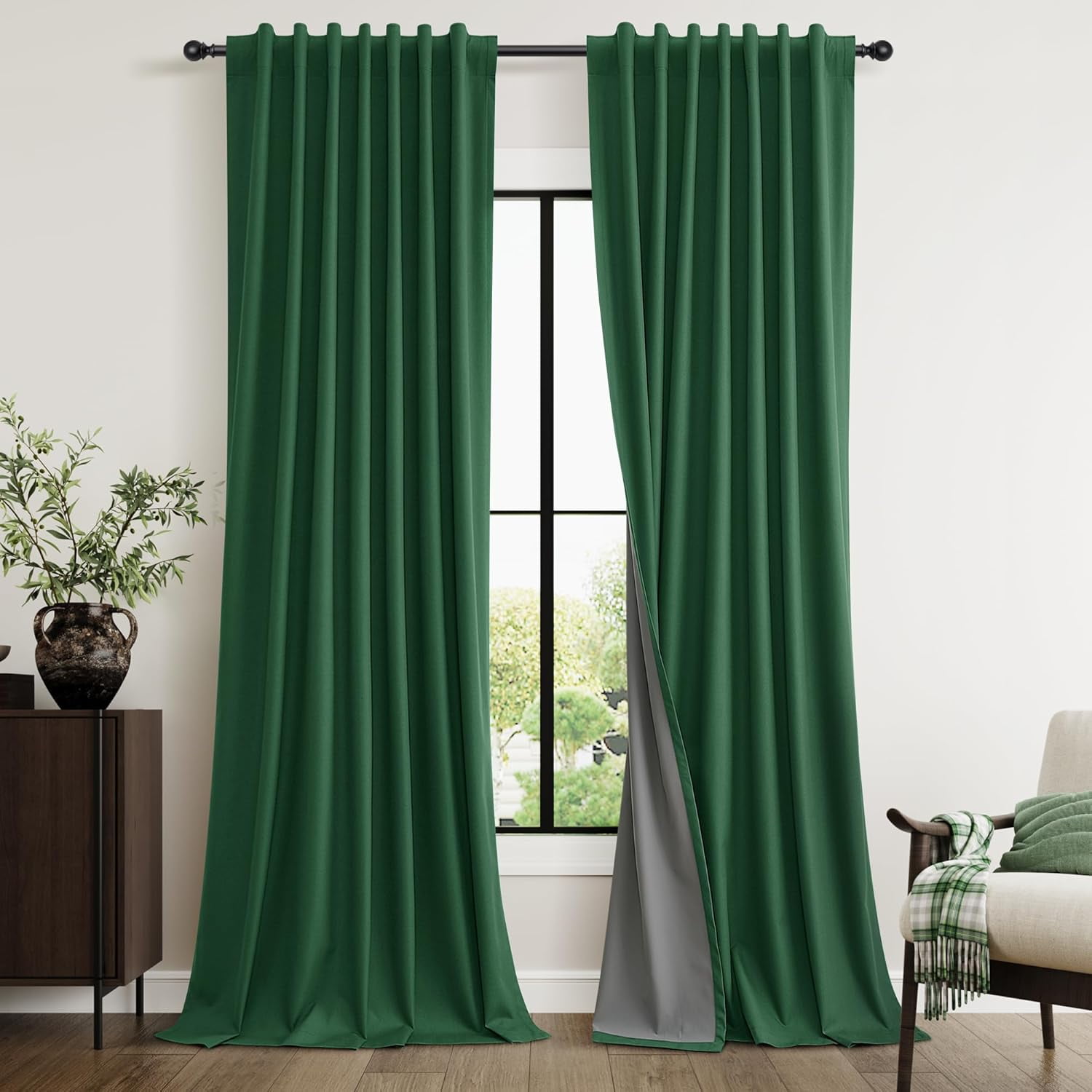 Complete Blackout Curtains 100 Inches Long Dark Green Linen Black Out ...