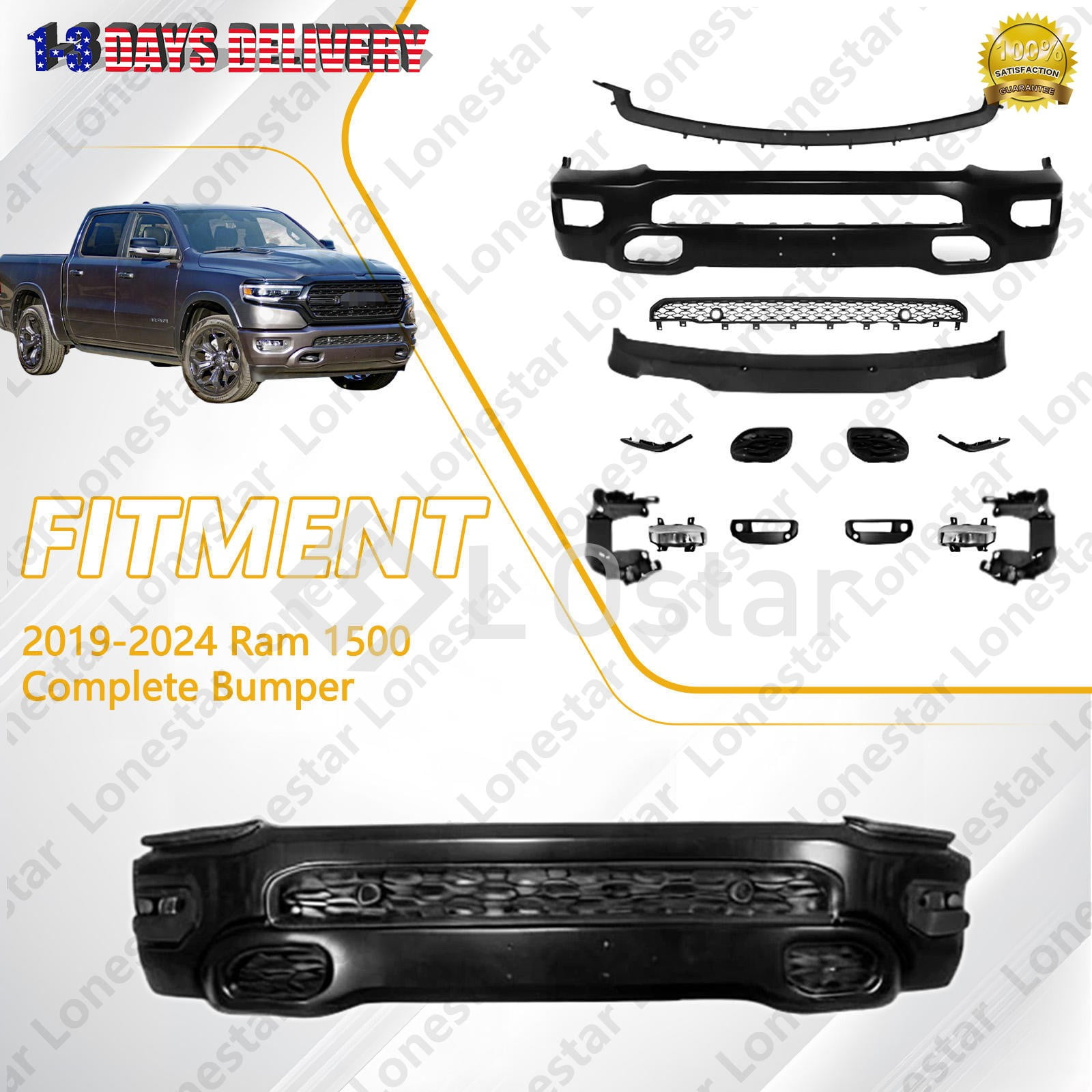 Complete Bumper Body Kit W/ Grille & Fog Lights Fit For 2019-2024 Ram ...