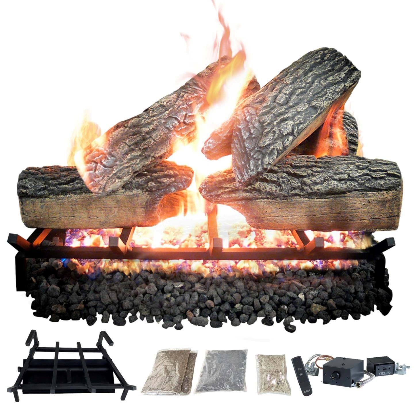 Complete Gas Log Kit W/Remote for Vented Fireplaces, Blazing Oak Design ...