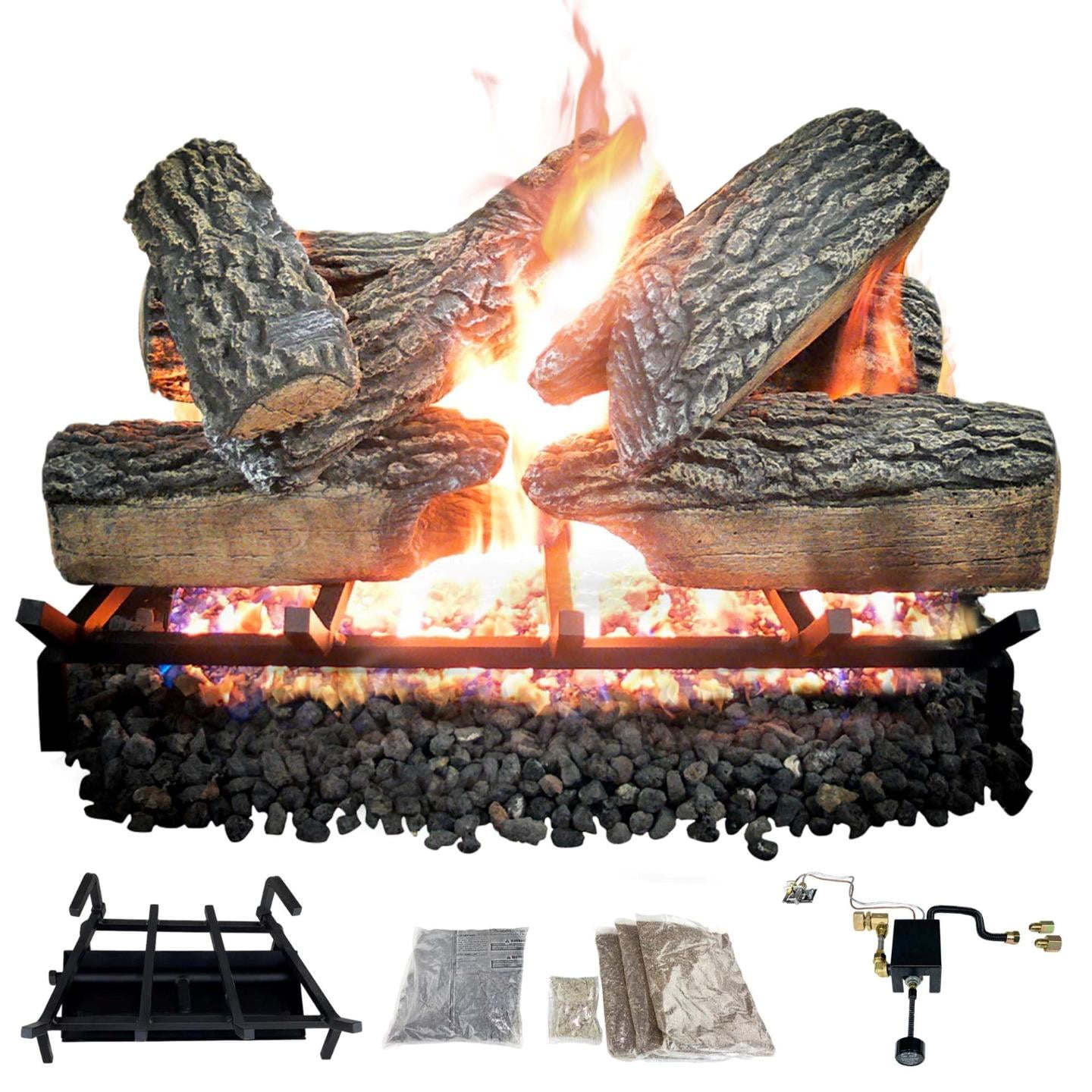 Complete Gas Log Kit for Vented Fireplaces, Blazing Oak Design, LP ...