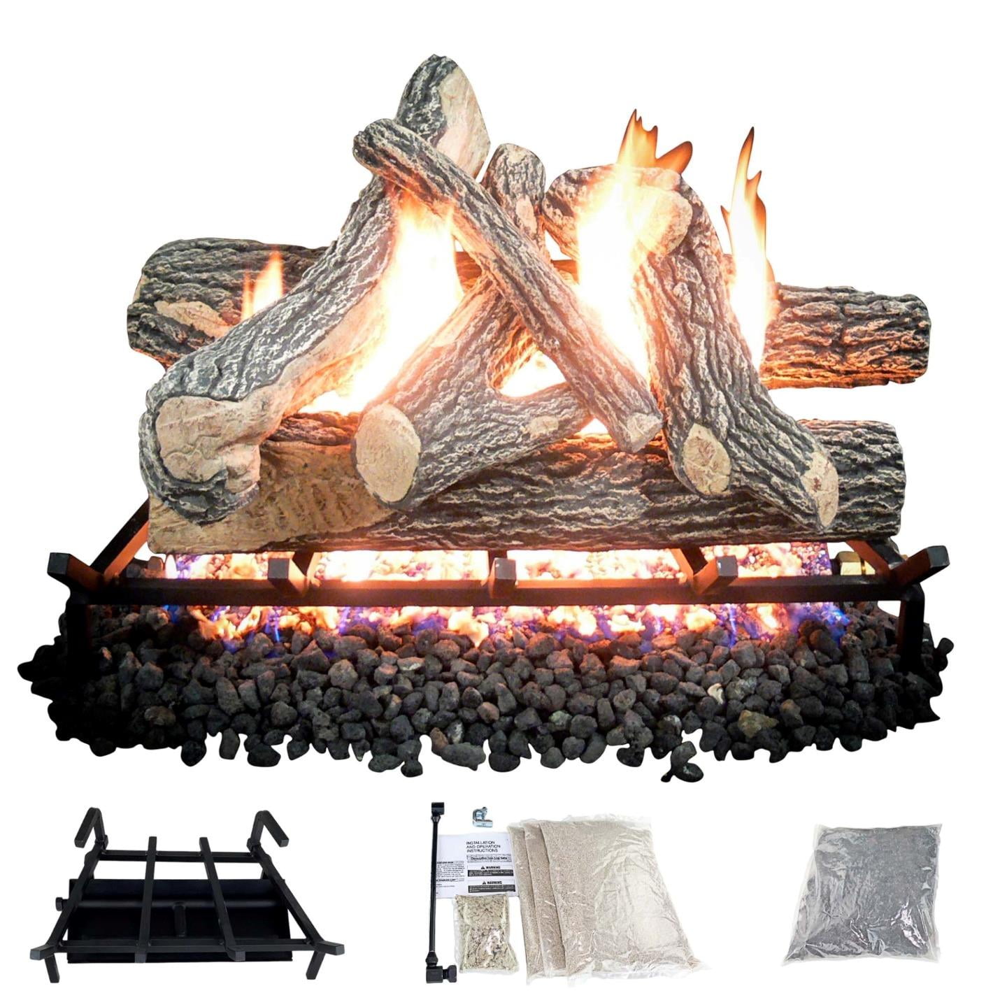 Complete Gas Log Kit for Vented Fireplaces, Great Oak Design, NG Natural Gas, Match Light ...