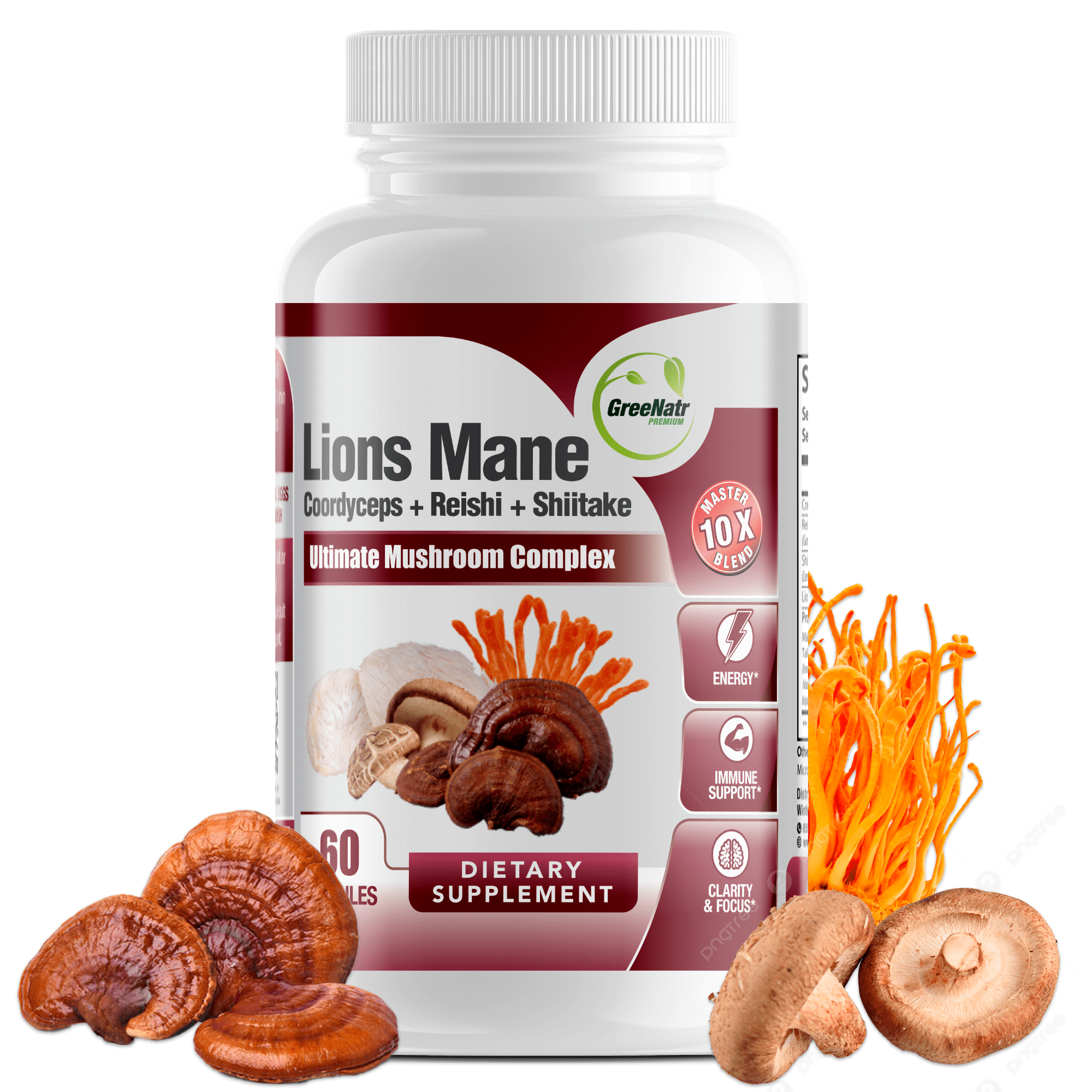 Greenatr Ultimate Mushroom Supplement - 10 in 1 Complex with Lions Mane ...