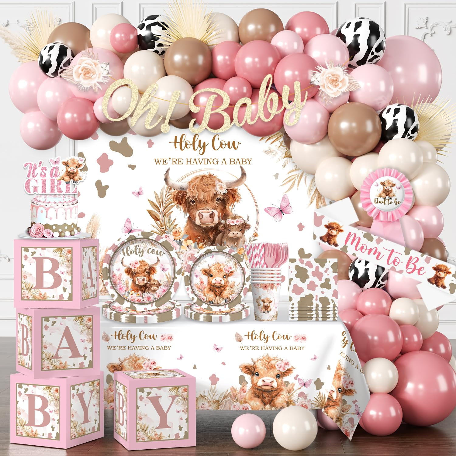 Complete Pink Highland Cow Baby Shower Decorations, with Banner ...