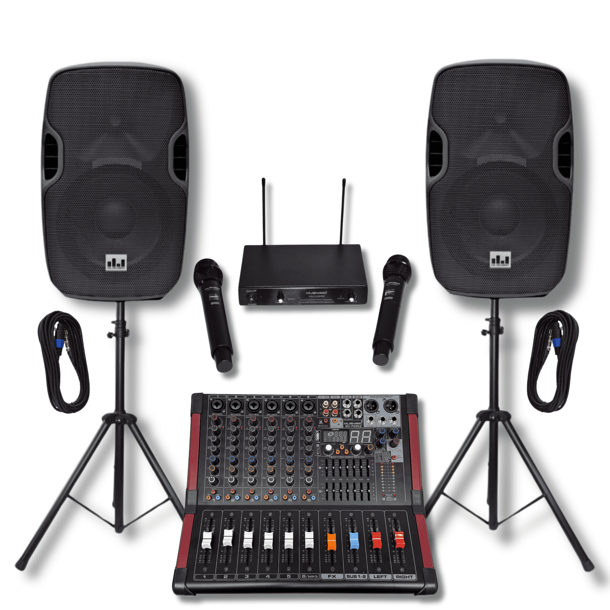 Complete Professional 2000 Watts Complete PA System 6 Ch Mixer 10" Speakers Dual Wireless Mics ...