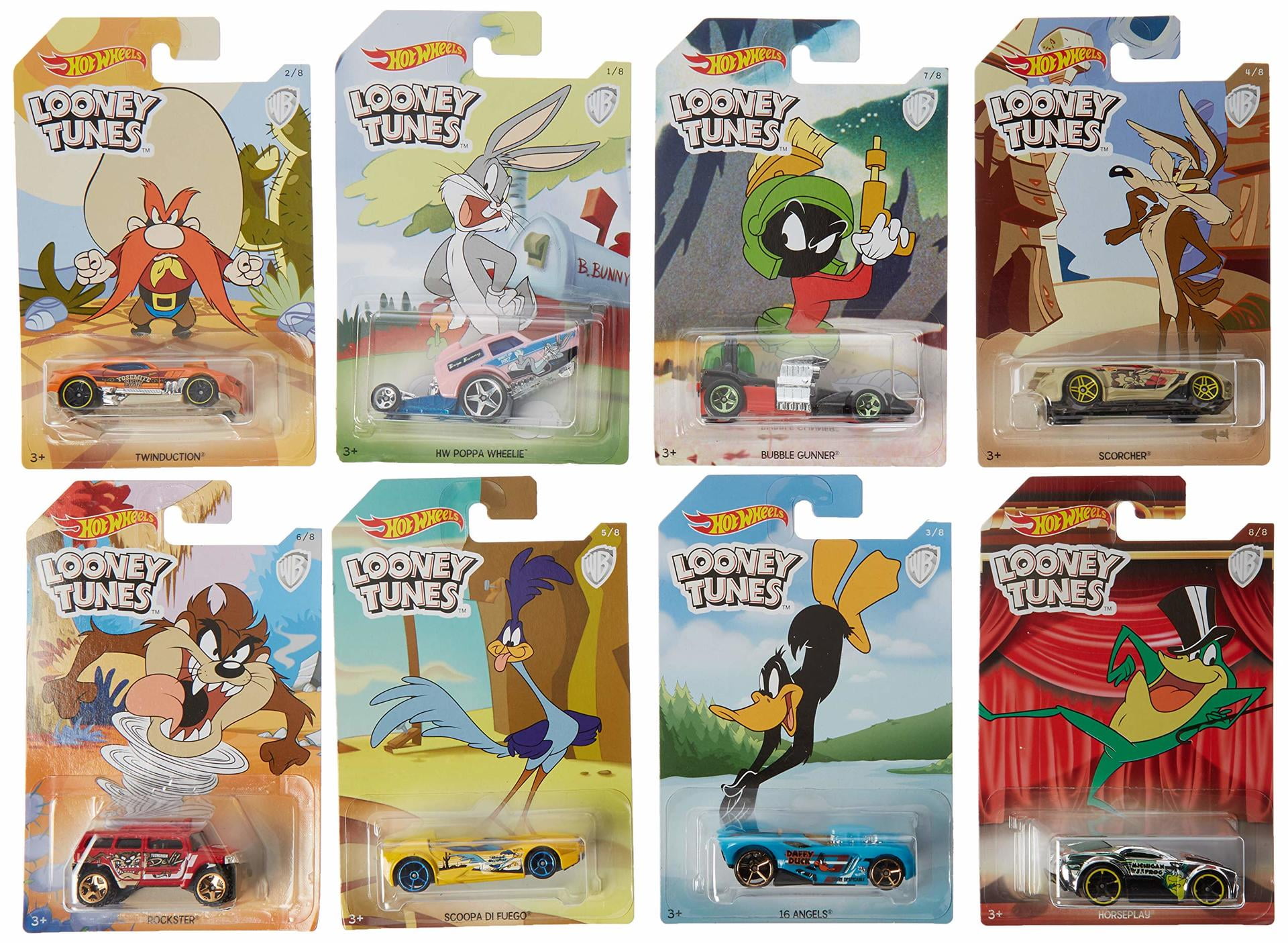 Complete Set of 8 |2017 Hot Wheels 1:64 Basics Looney Tunes - Bugs Bunny, Daffy Duck, Road ...