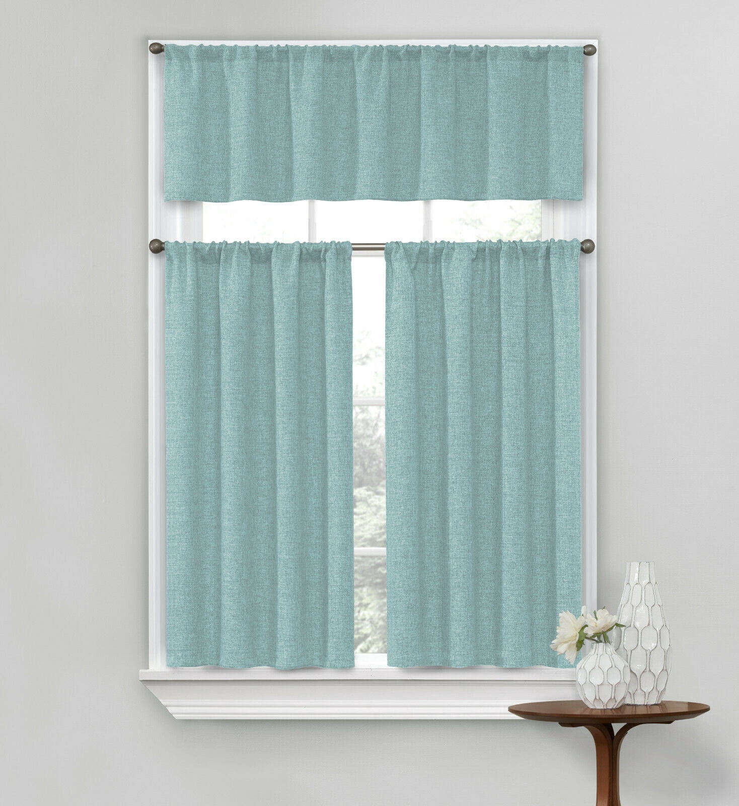 Complete Textured 3 Piece Café Kitchen Curtain Tier & Valance Set ...