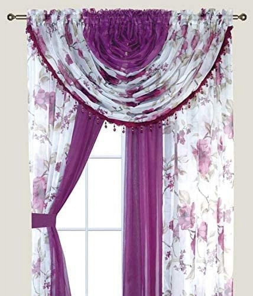 Complete Window Sheer Voile Floral Curtain Panel Set w/4 Attached ...