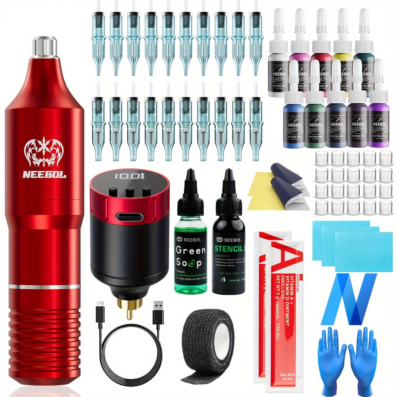 Complete Wireless Tättoo Pen Kit - 1450mAh Battery, LED Display ...