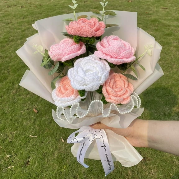 BAOPAI Handmade Knitted Roses Bouquet - Eternal Yarn Flowers for ...