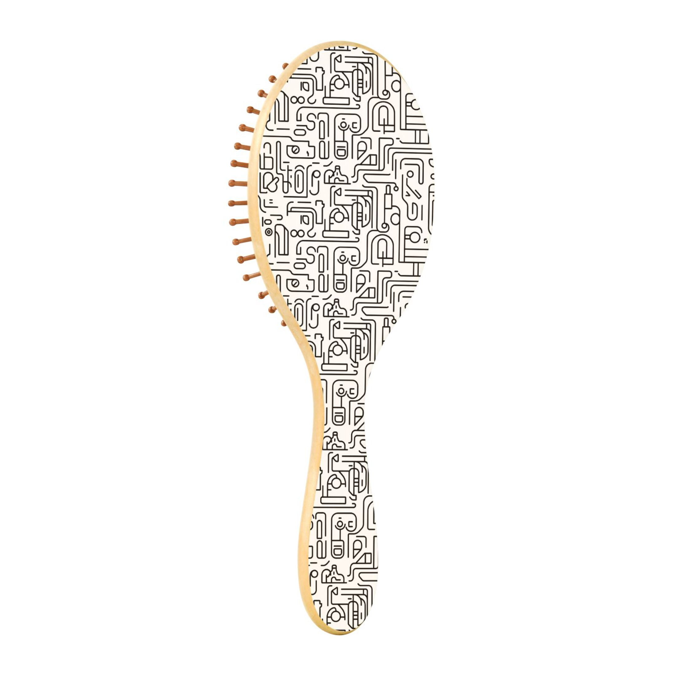 Complex Line Patterns Natural Wooden Hair Brush with Cushion for Gentle ...