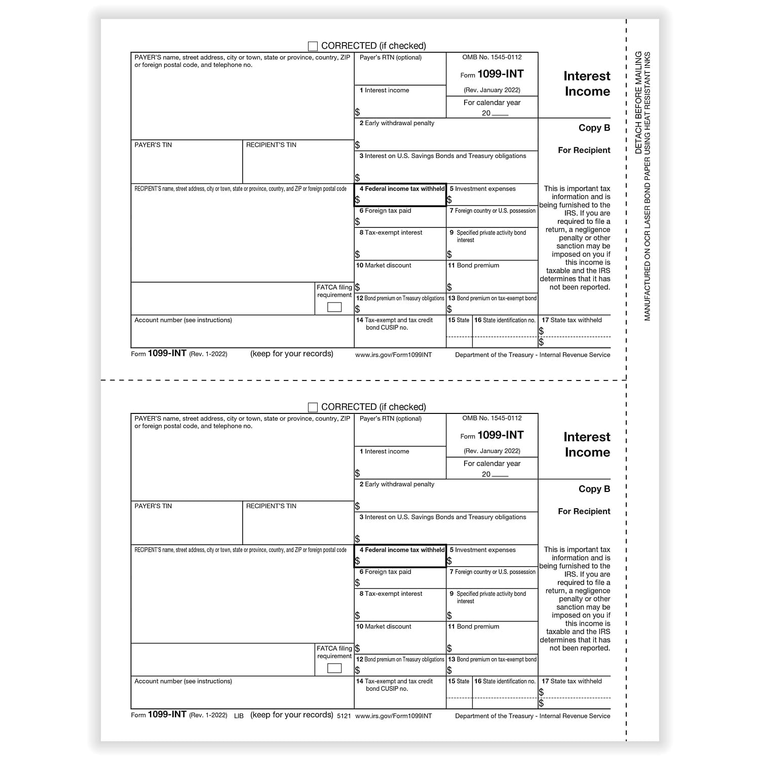 ComplyRight 2022 1099-INT Tax Form 1-Part 2-Up Recipient Copy B 50/Pack ...
