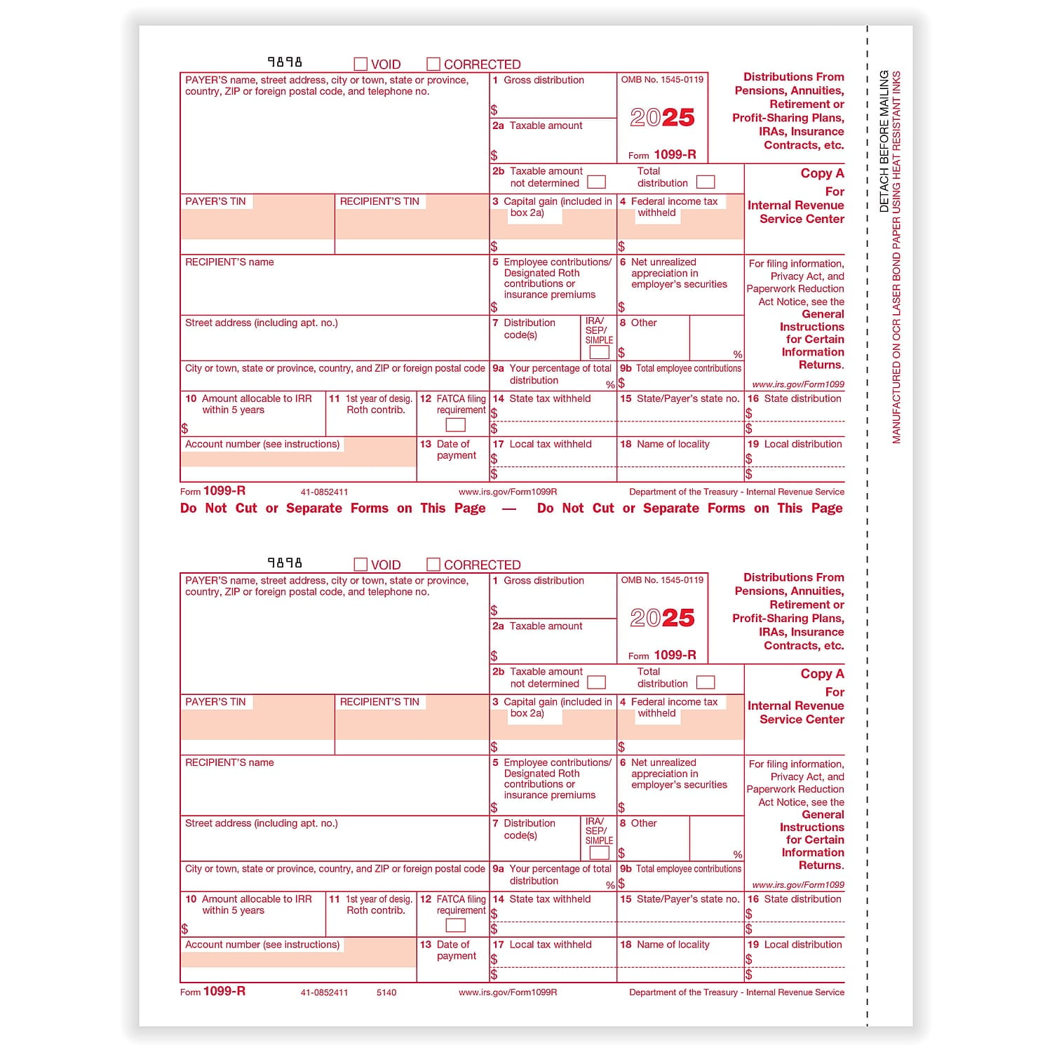 ComplyRight 2025 1099-R Tax Form 1-Part 2-Up Federal Copy A 50/Pack ...