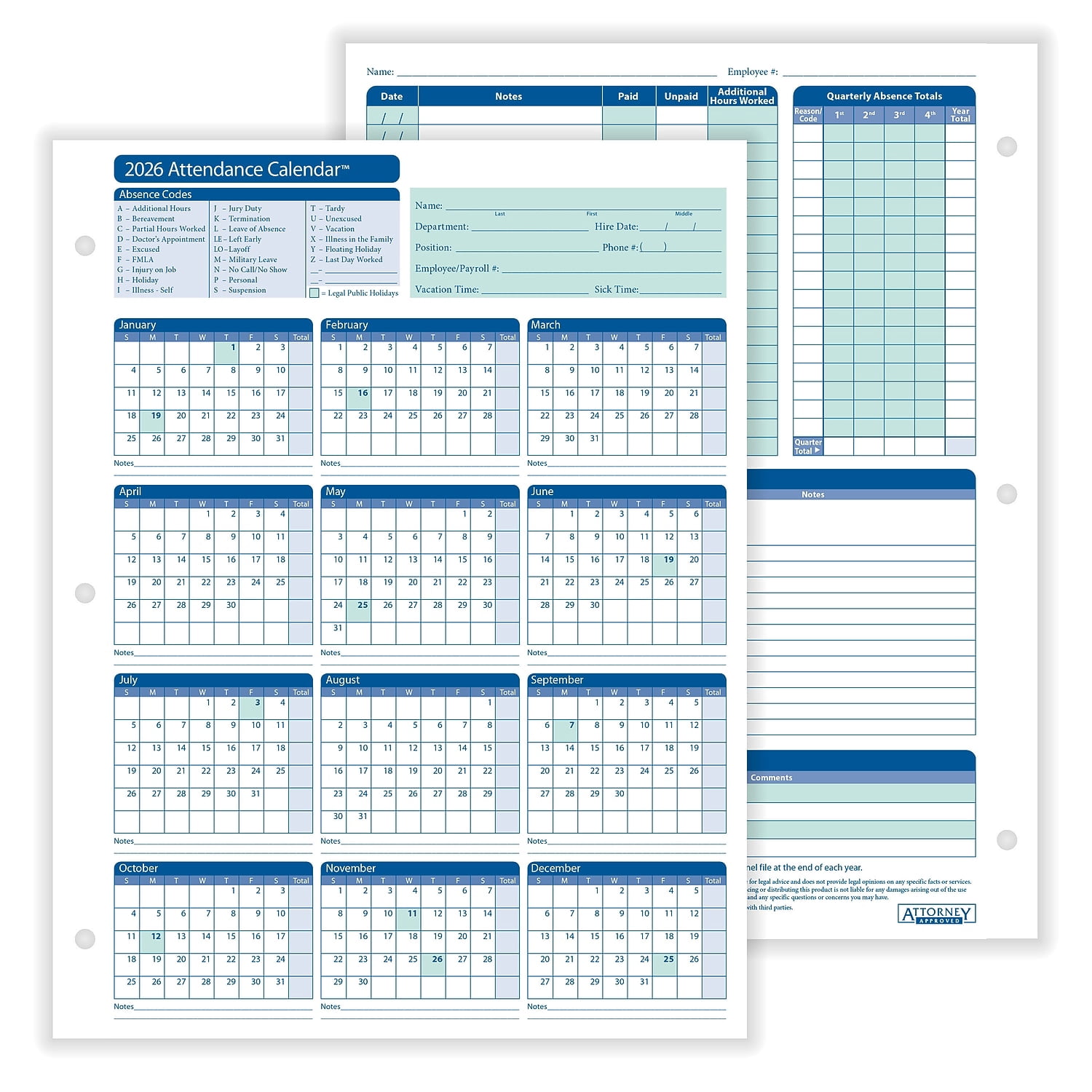 ComplyRight 2022 Attendance Calendar Card White Pack of 25 (A4000W25 ...