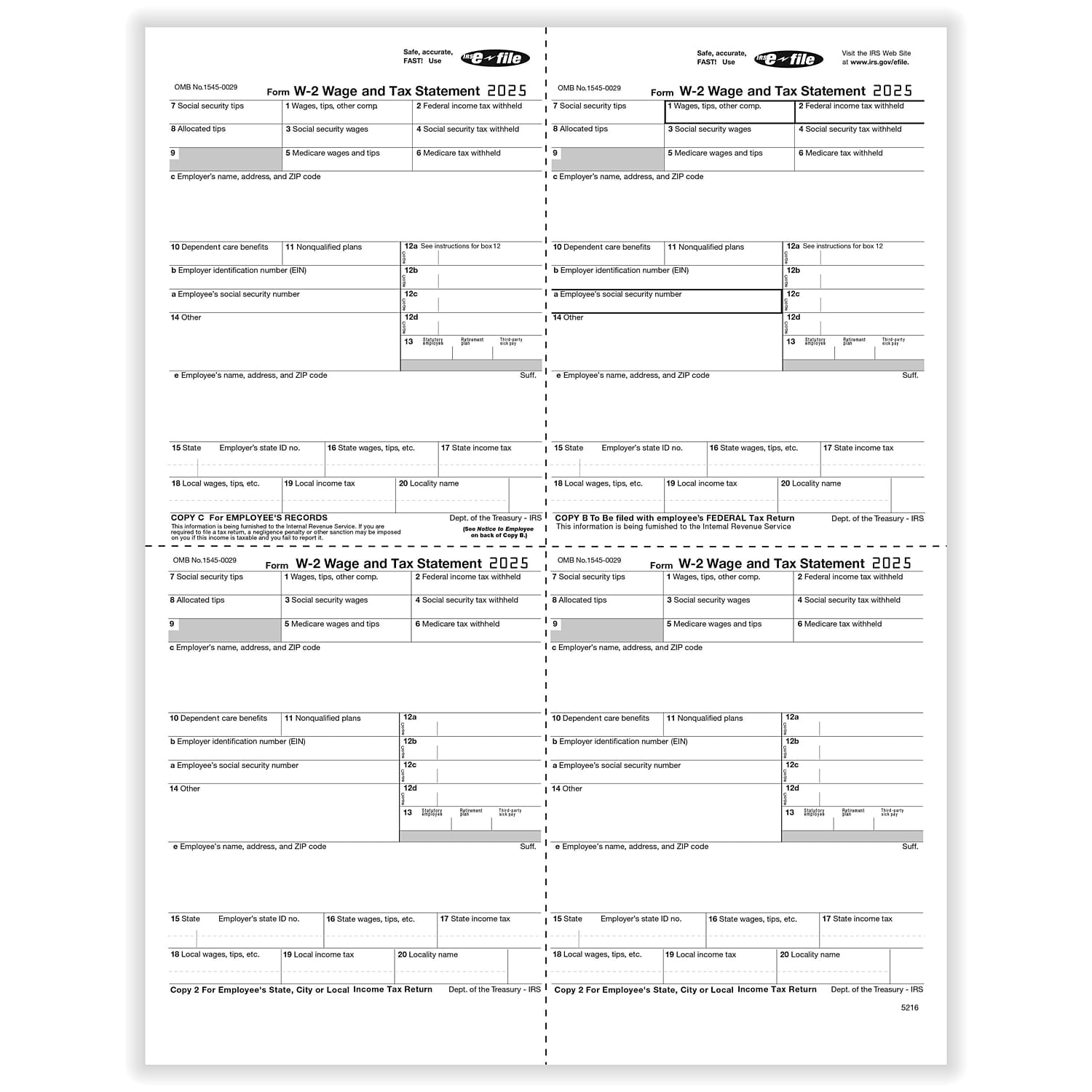 ComplyRight 2025 W-2 Tax Form 1-Part 4-Up 50/Pack (521650) - Walmart.com