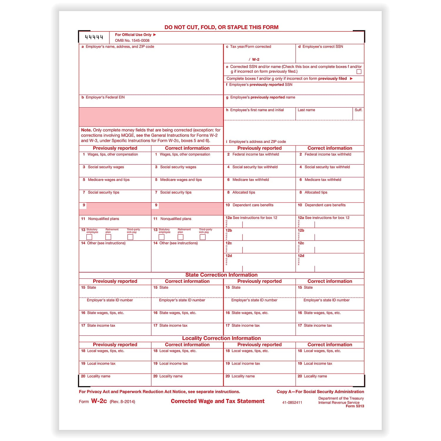 ComplyRight 2022 W-2C Tax Form 1-Part Federal Copy A 50/Pack (531350 ...