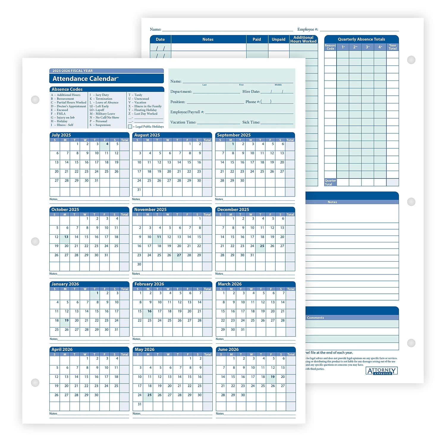 ComplyRight 2023-2024 Fiscal Attendance Calendar 50/Pack (A42005015 ...