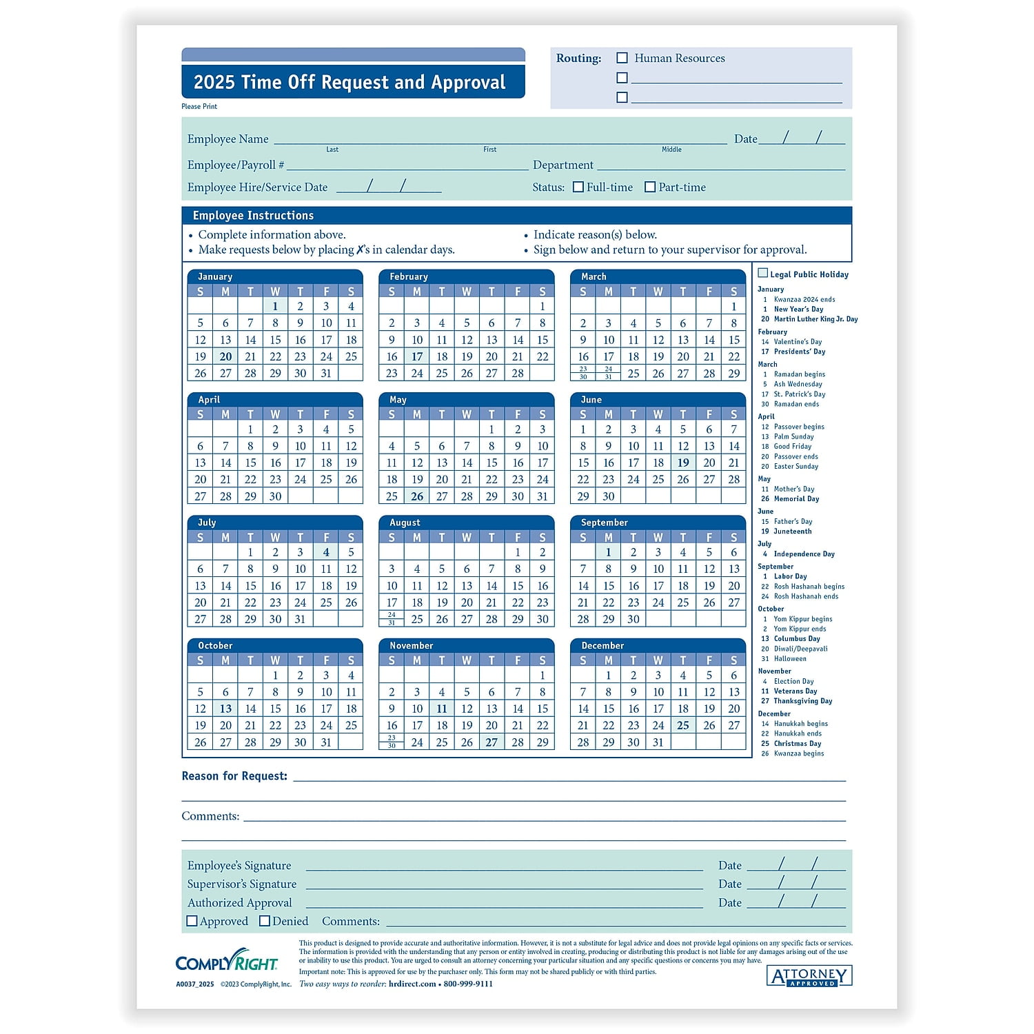 ComplyRight 2024 Time Off Request and Approval Calendar Pack of 50 ...