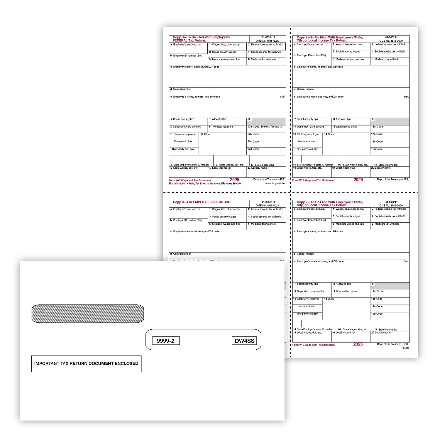 ComplyRight 2025 W-2 Tax Form Envelopes/Recipient Copy Only 1-Part 4-Up ...