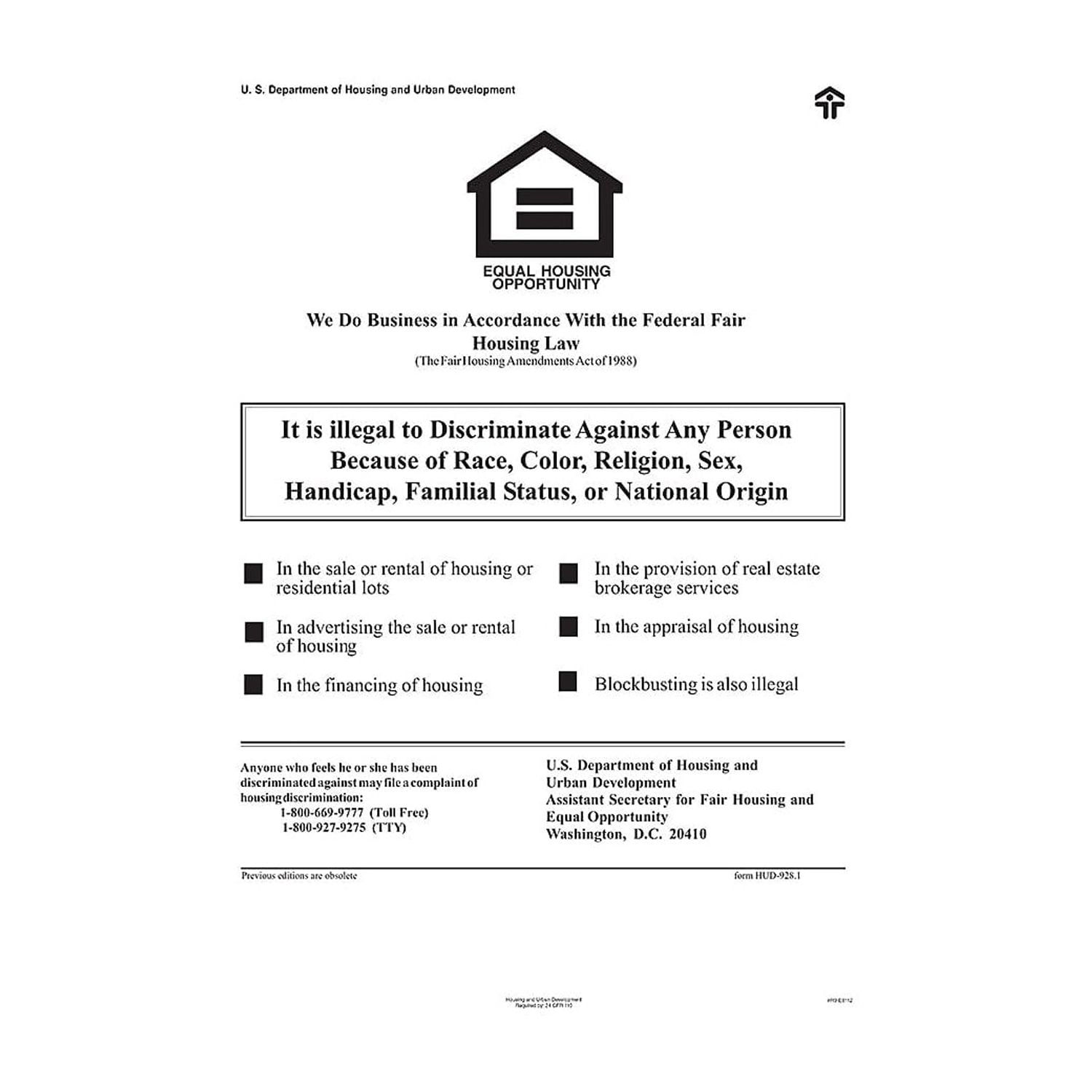ComplyRight Federal Fair HUD Equal Housing Opportunity Poster (E8112 ...