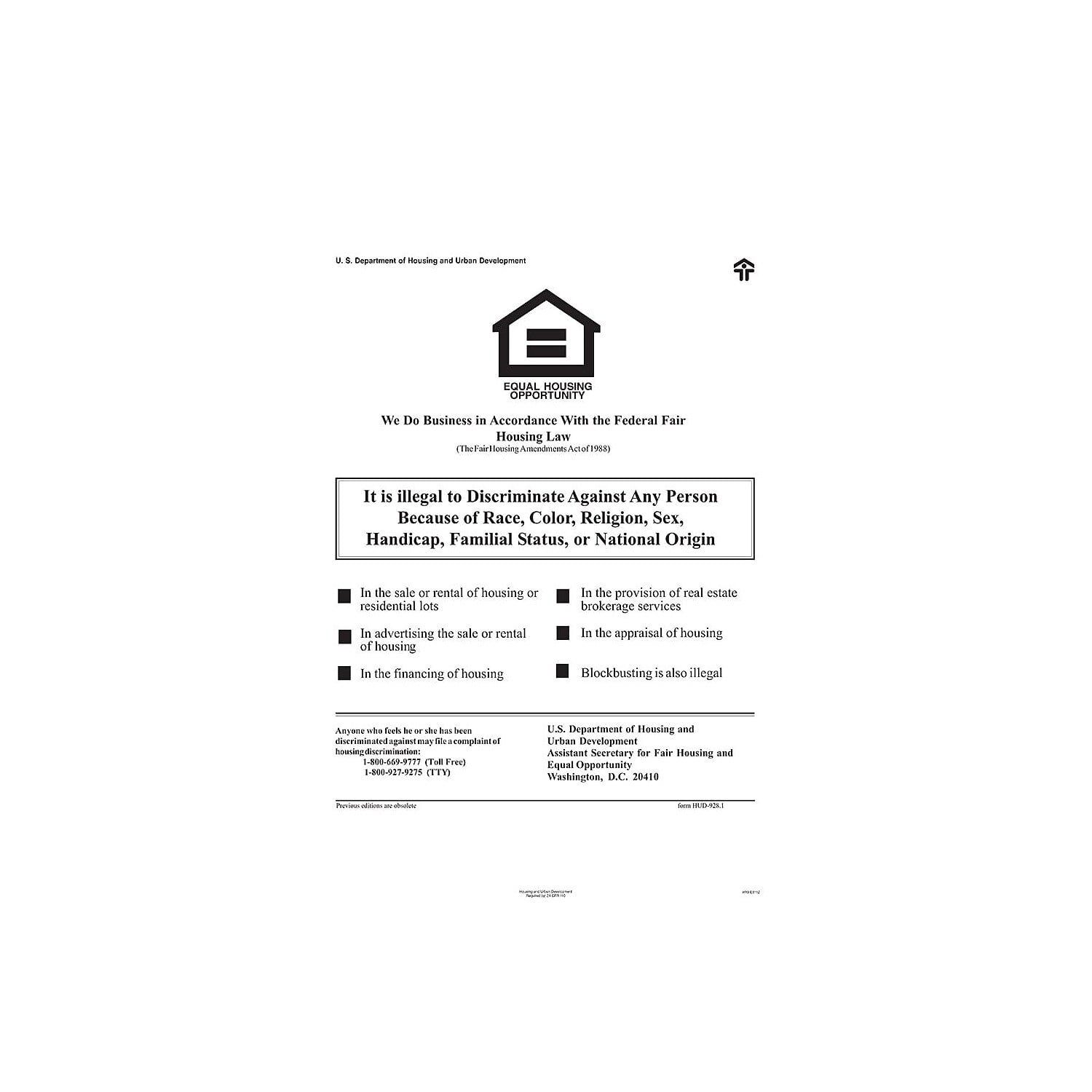 ComplyRight Federal Fair HUD Equal Housing Opportunity Poster (E8112 ...
