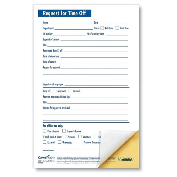 ComplyRight Request For Time Off Forms, 2-Part, 5 1/2" x 8 1/2", White ...