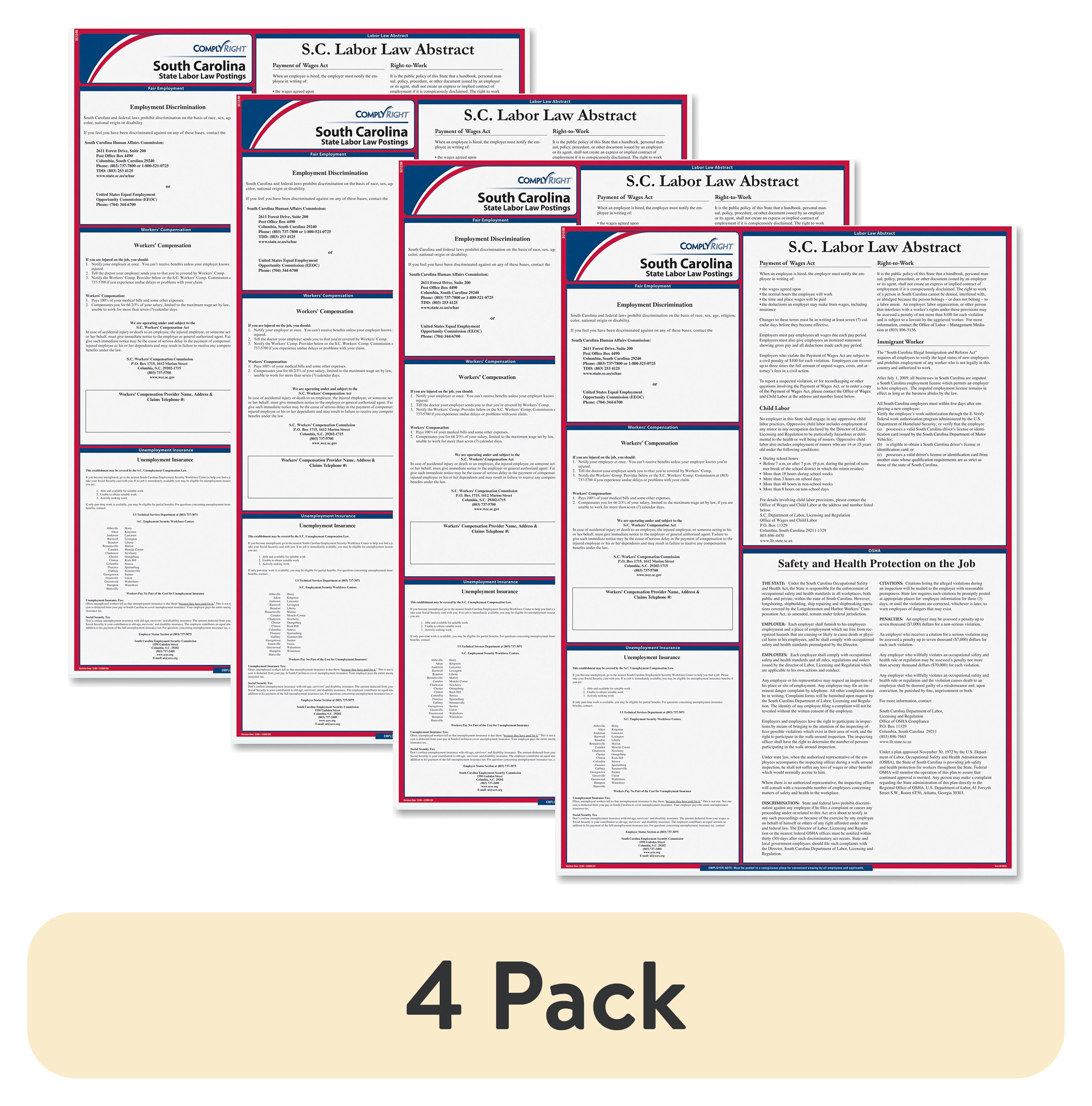 (4 pack) ComplyRight S. Carolina State Labor Law Poster (e10sc ...