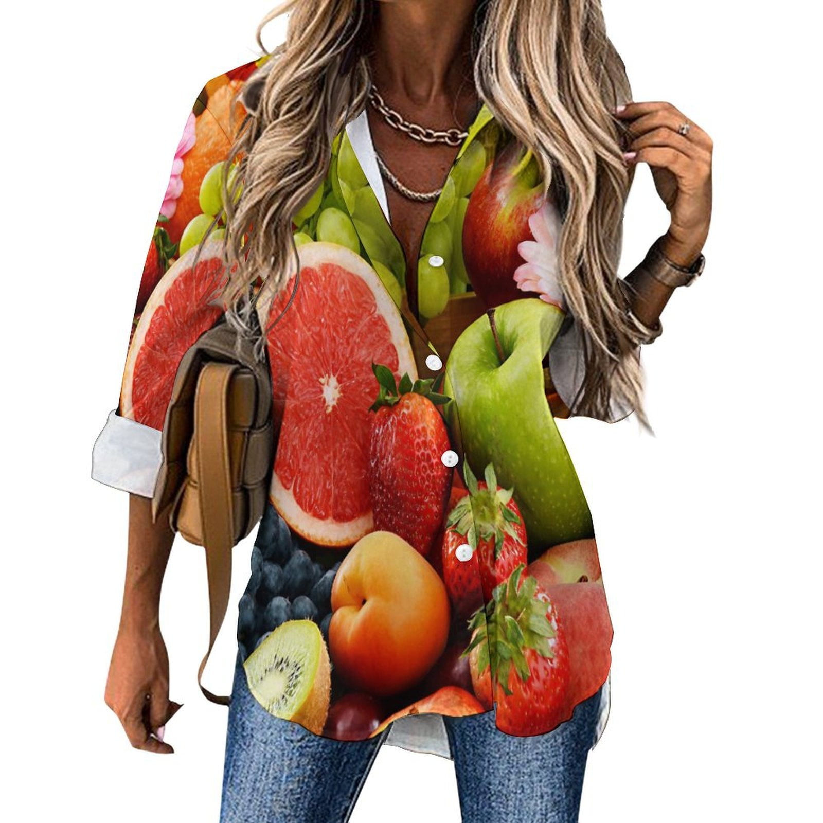 Composition with Assorted Fruits Women's Button Down Long Sleeve Shirts ...