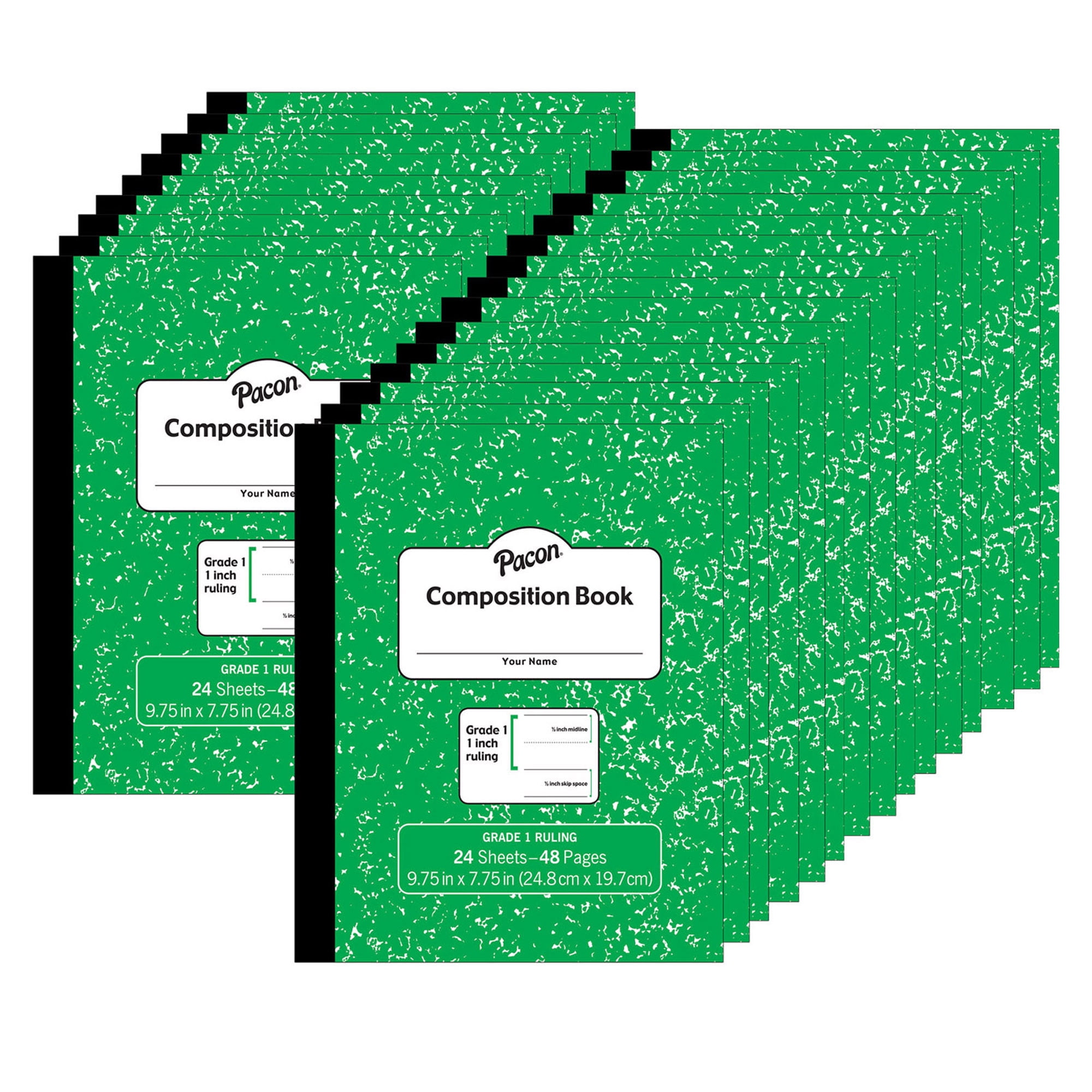 Composition Book, Grade 1, Green Marble, 1" x 1/2" x 1/2" Ruled, 9.75 ...