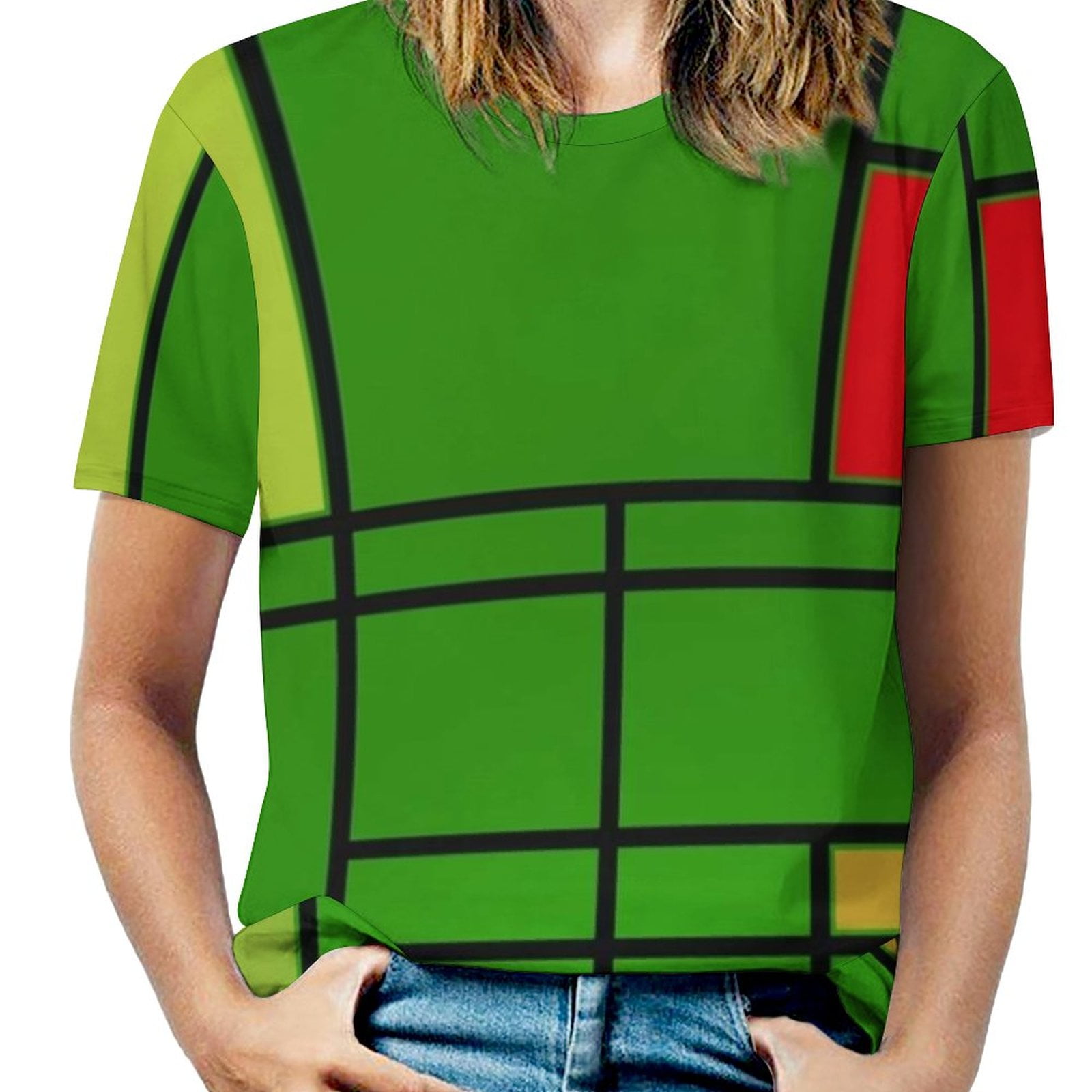 Composition Over Cool Green Slit Sleeve Cold Shoulder Print Women T