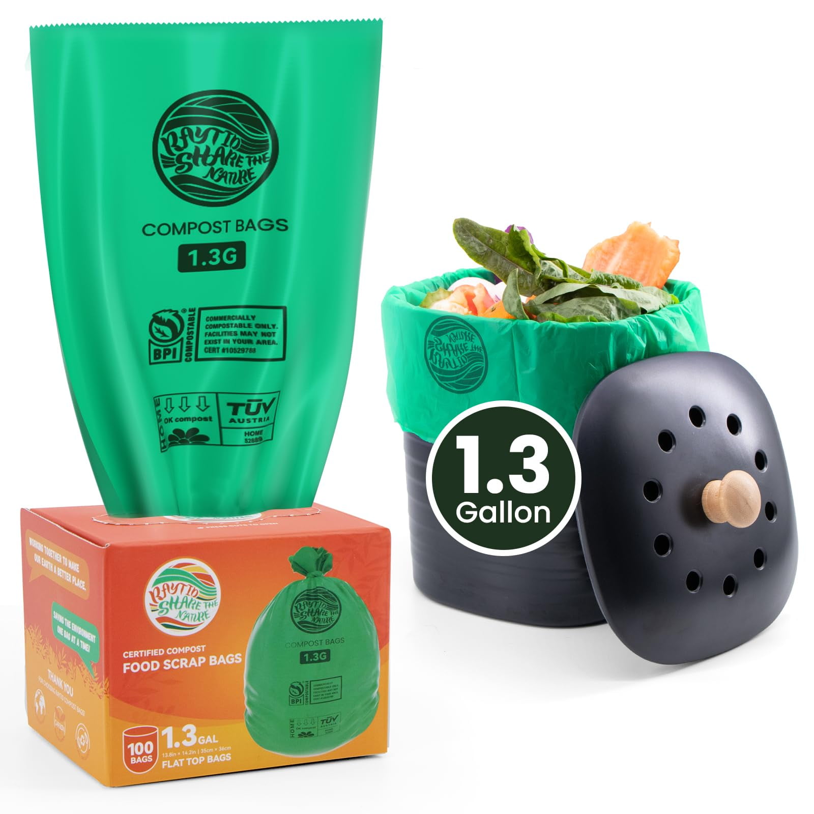 Compost Bags 1.3 Gallon,100 AIF9 Count,Compostable Small Trash Bags for ...
